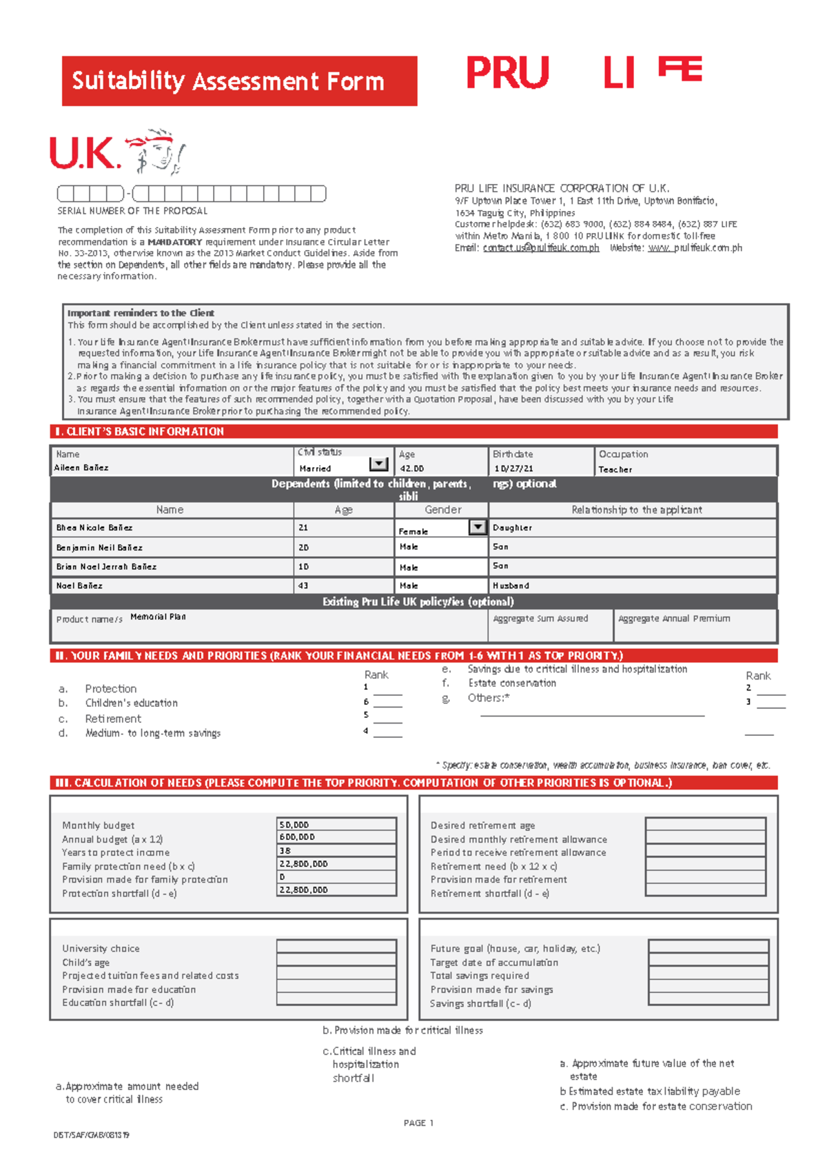 Bañez -SAF 1-3 - sample sap of insurance commission. - PAGE 1 DIST/SAF ...