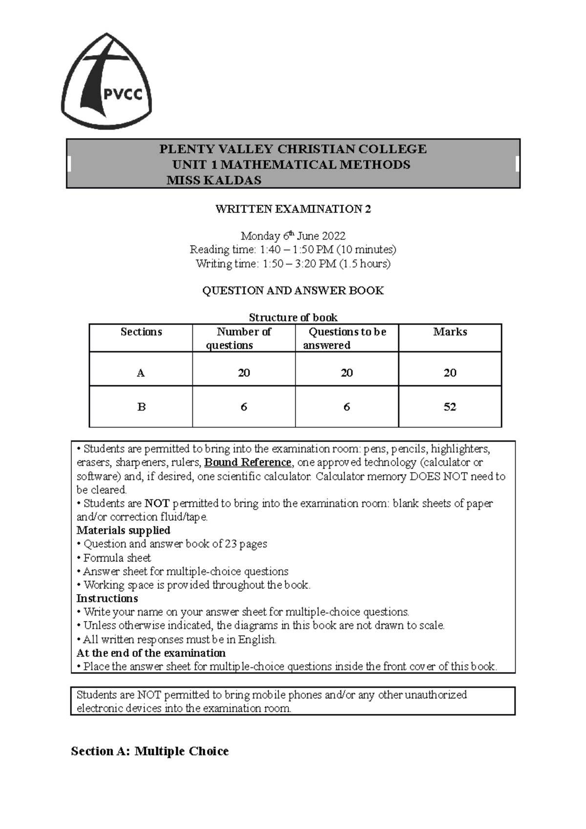 Prrint - AAAA - PLENTY VALLEY CHRISTIAN COLLEGE UNIT 1 MATHEMATICAL METHODS MISS KALDAS WRITTEN ...