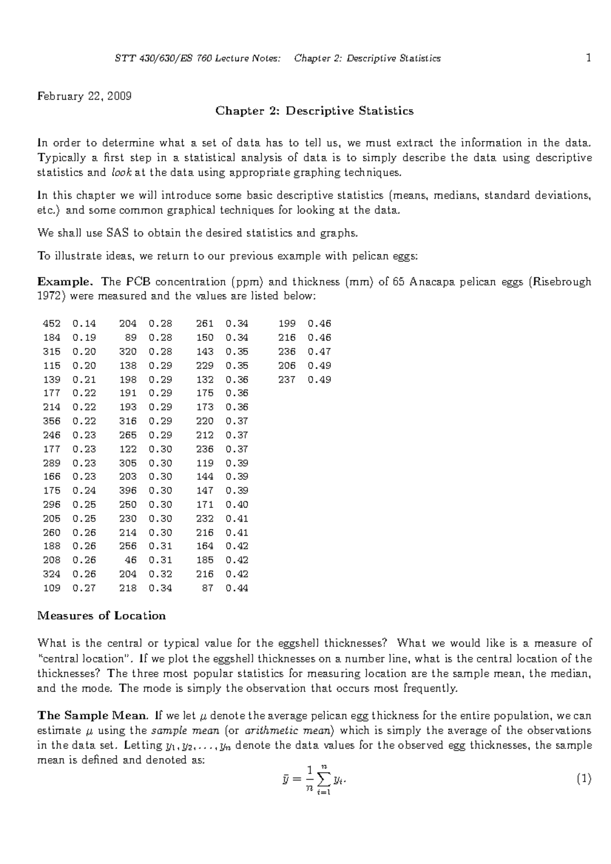 Lecture notes, lecture 2 - February 22, 2009 Chapter 2: Descriptive ...