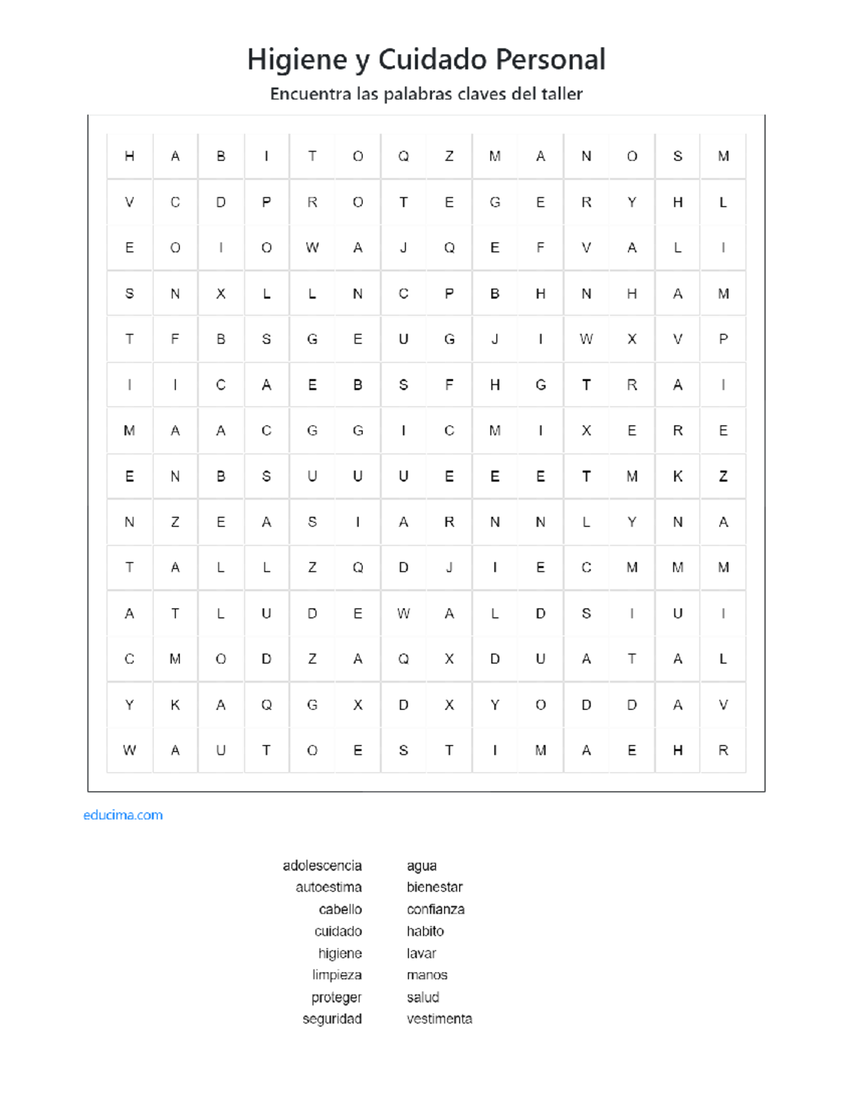 Higiene y cuidado personal - Sopa de letras - Desarrollo de habilidades ...
