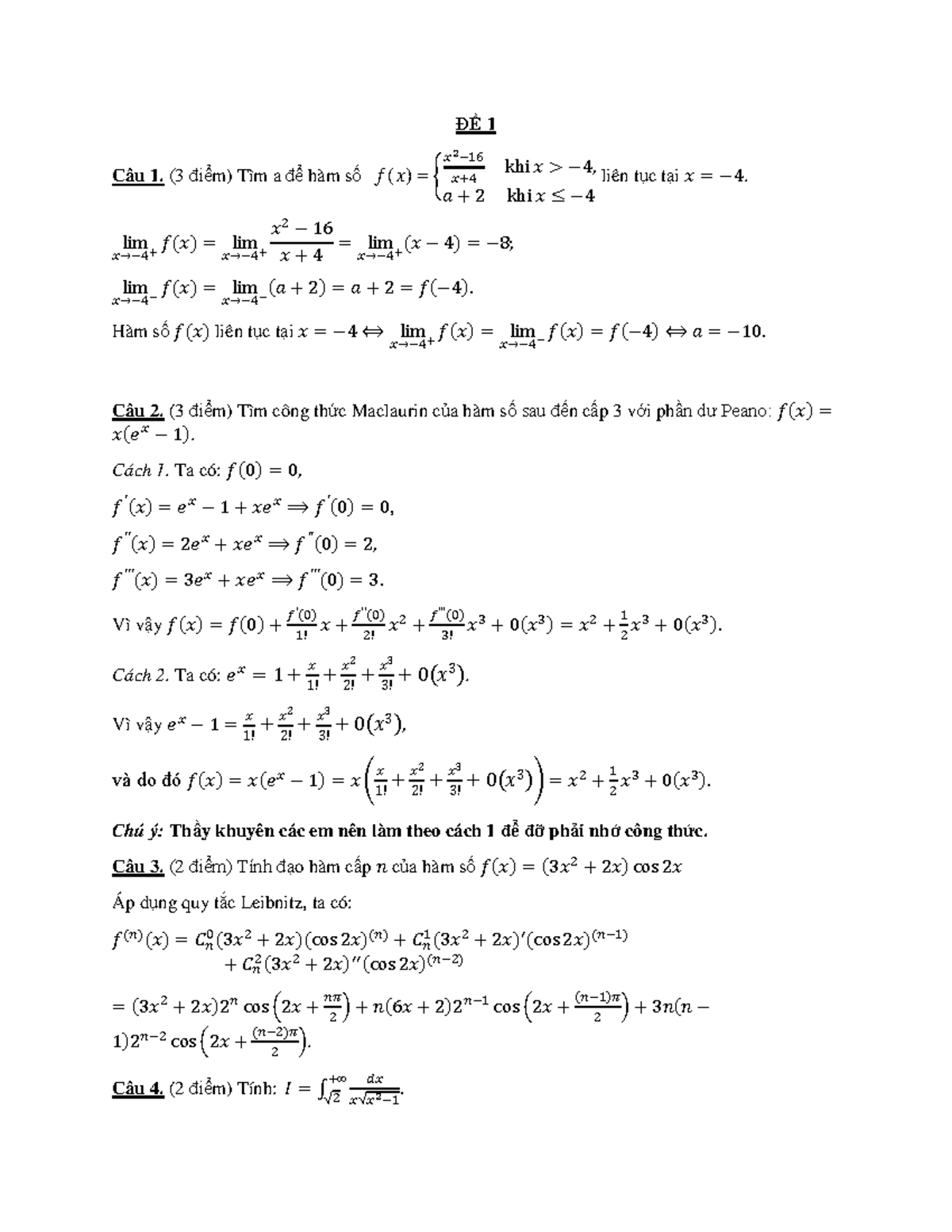 Bai sua GK - hfgj - ĐỀ 1 Câu 1. (3 điểm) Tìm a để hàm số f ( )x = { 𝑥 2 ...