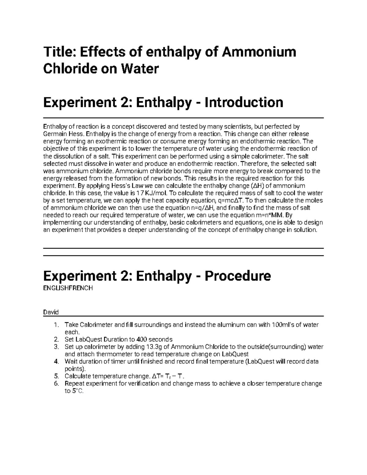 Effects of enthalpy of Ammonium Chloride on Water - Title: Effects of ...