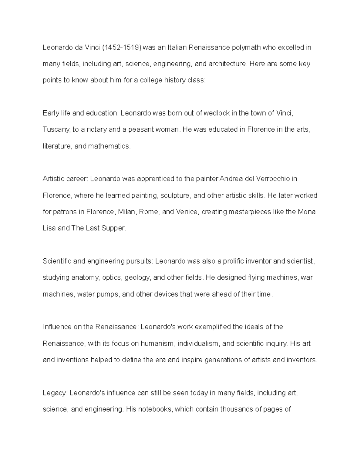 Answer Key College History Class Leonardo da Vinci - Leonardo da Vinci ...
