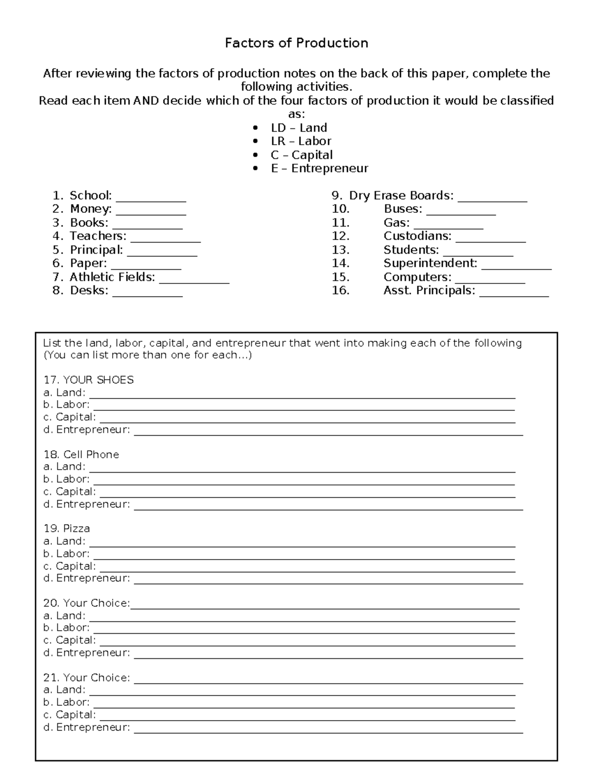 Factors of Production Practice - Factors of Production After reviewing ...