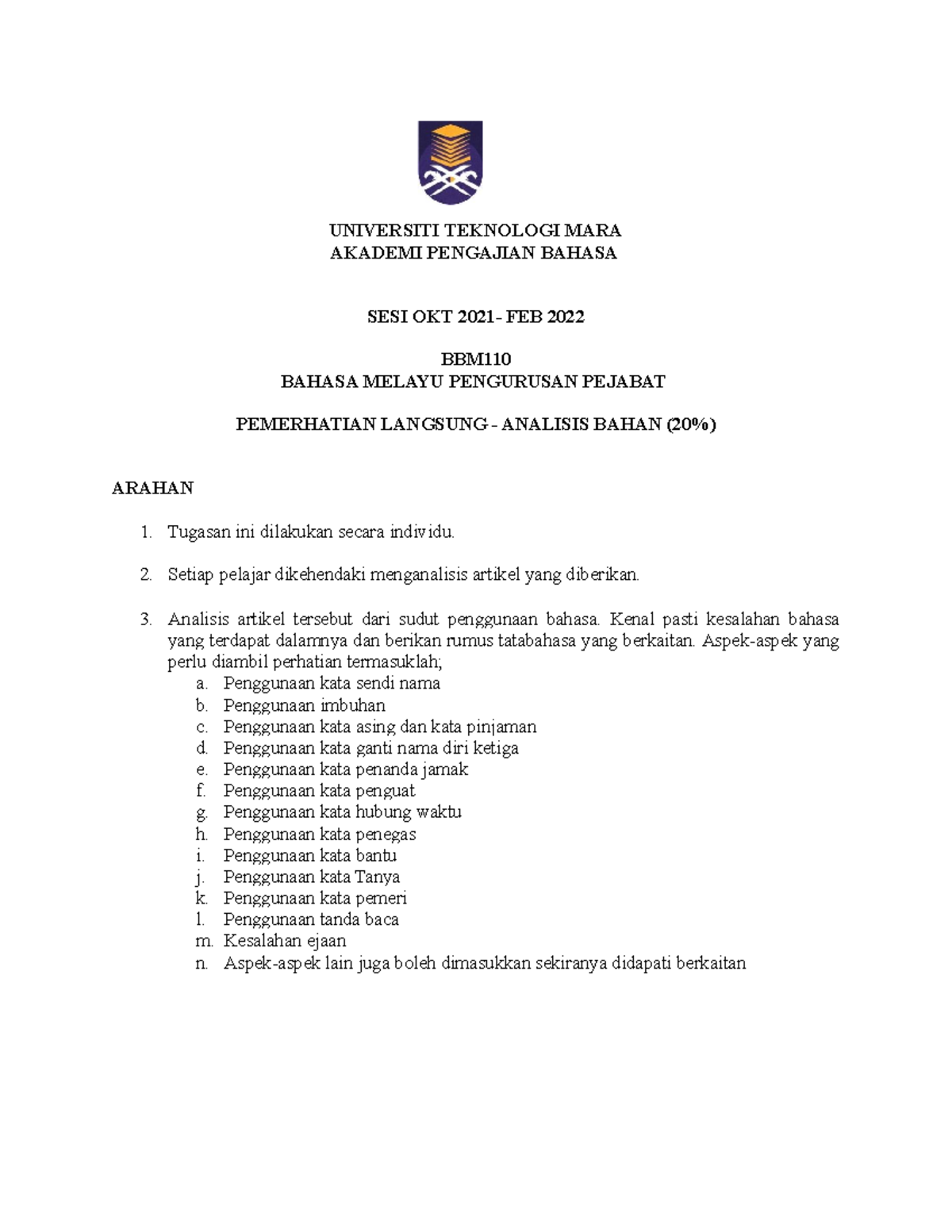 Tugasan Individu 1 2020/2021 ASSIGNMENT BBM - UNIVERSITI TEKNOLOGI MARA AKADEMI PENGAJIAN BAHASA ...
