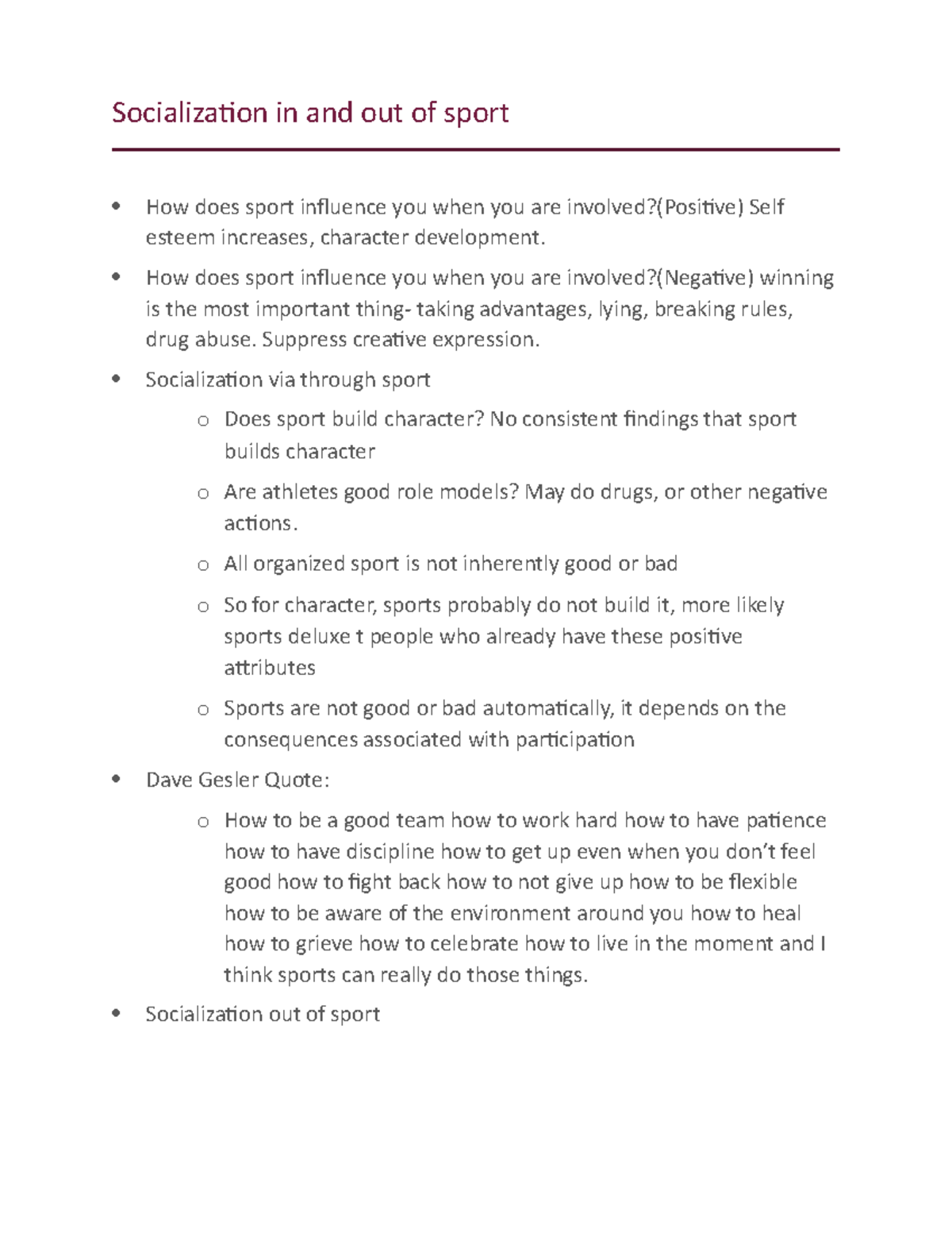 Lecture Notes from ppt - Socialization in and out of sport How does ...