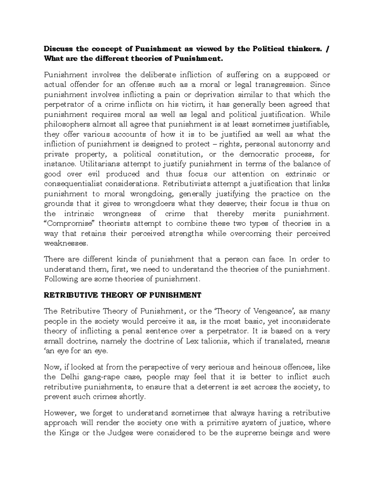 Punishment - A complete theory - Discuss the concept of Punishment as ...