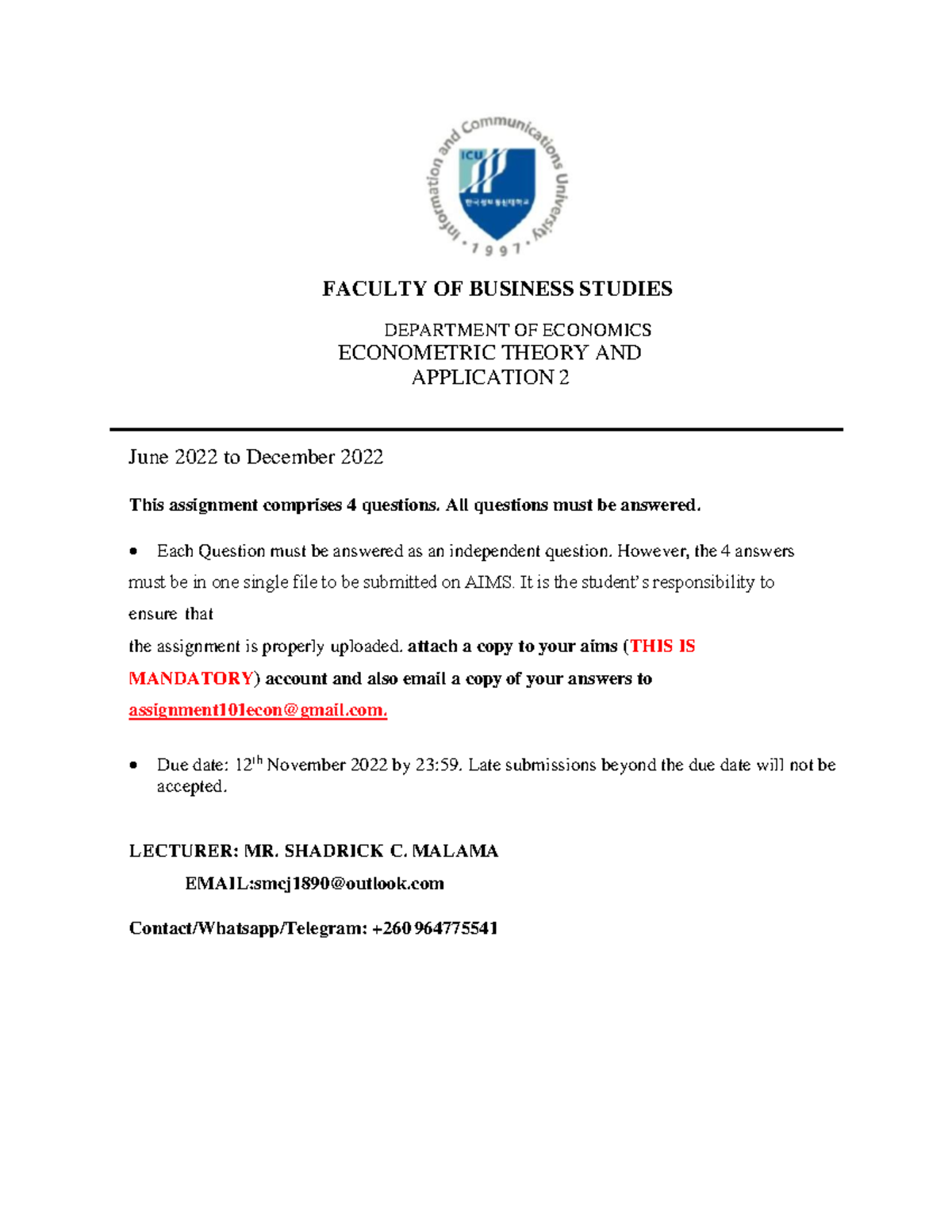 812.AUG-DEC 2022 Econometrics 2 Assignment - FACULTY OF BUSINESS ...