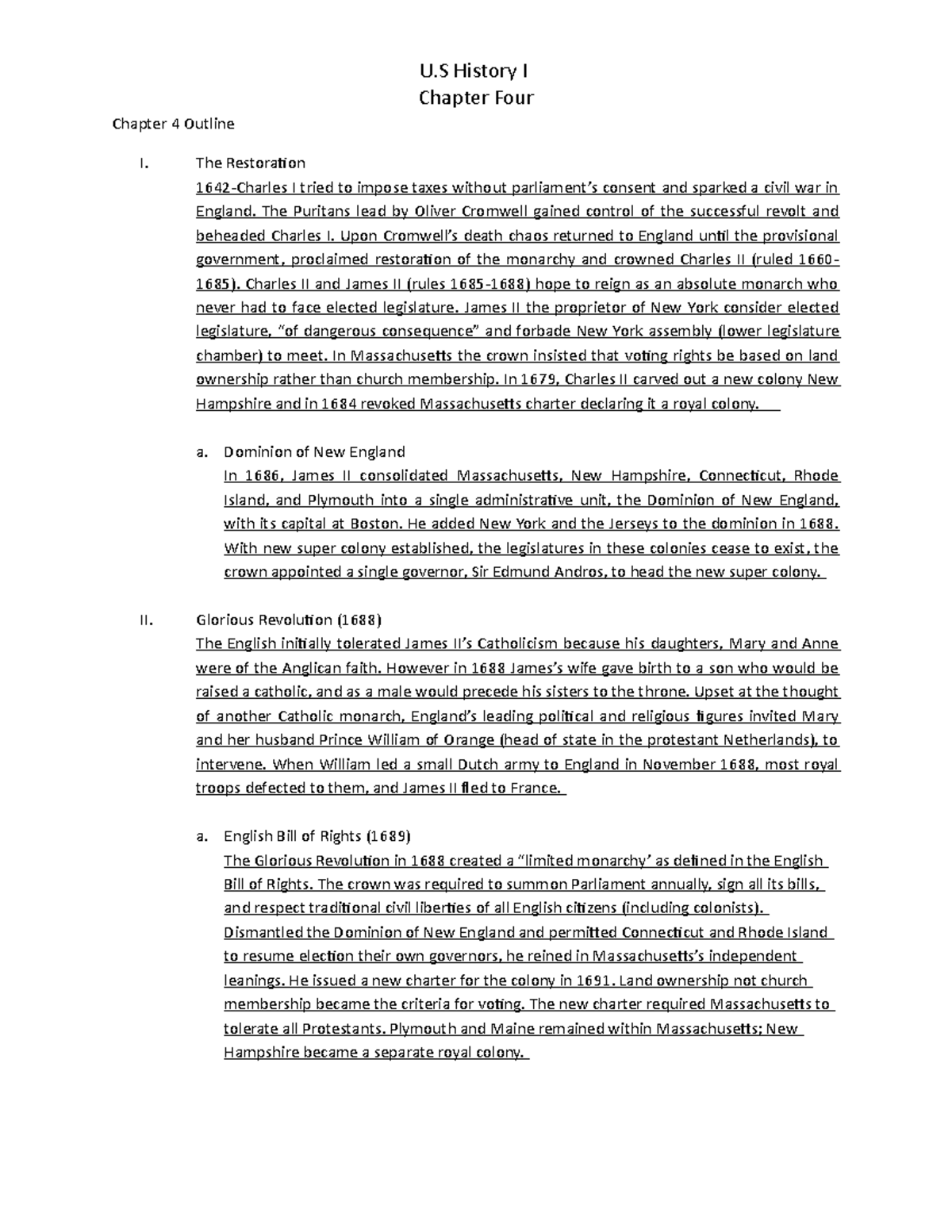 Chapter 4 Outline Completed Notes - U History I Chapter Four Chapter 4 ...