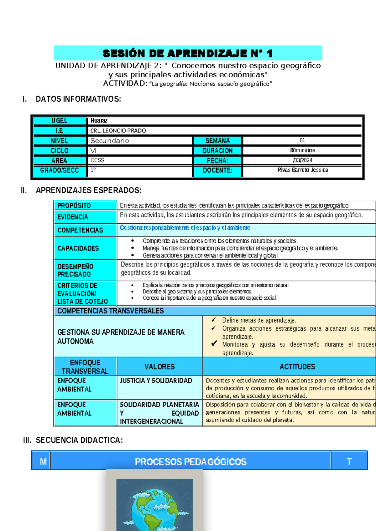 Sesión DE Aprendizaje N - SESIÓN DE APRENDIZAJE N° 1 UNIDAD DE APRENDIZAJE 2: " Conocemos - Studocu