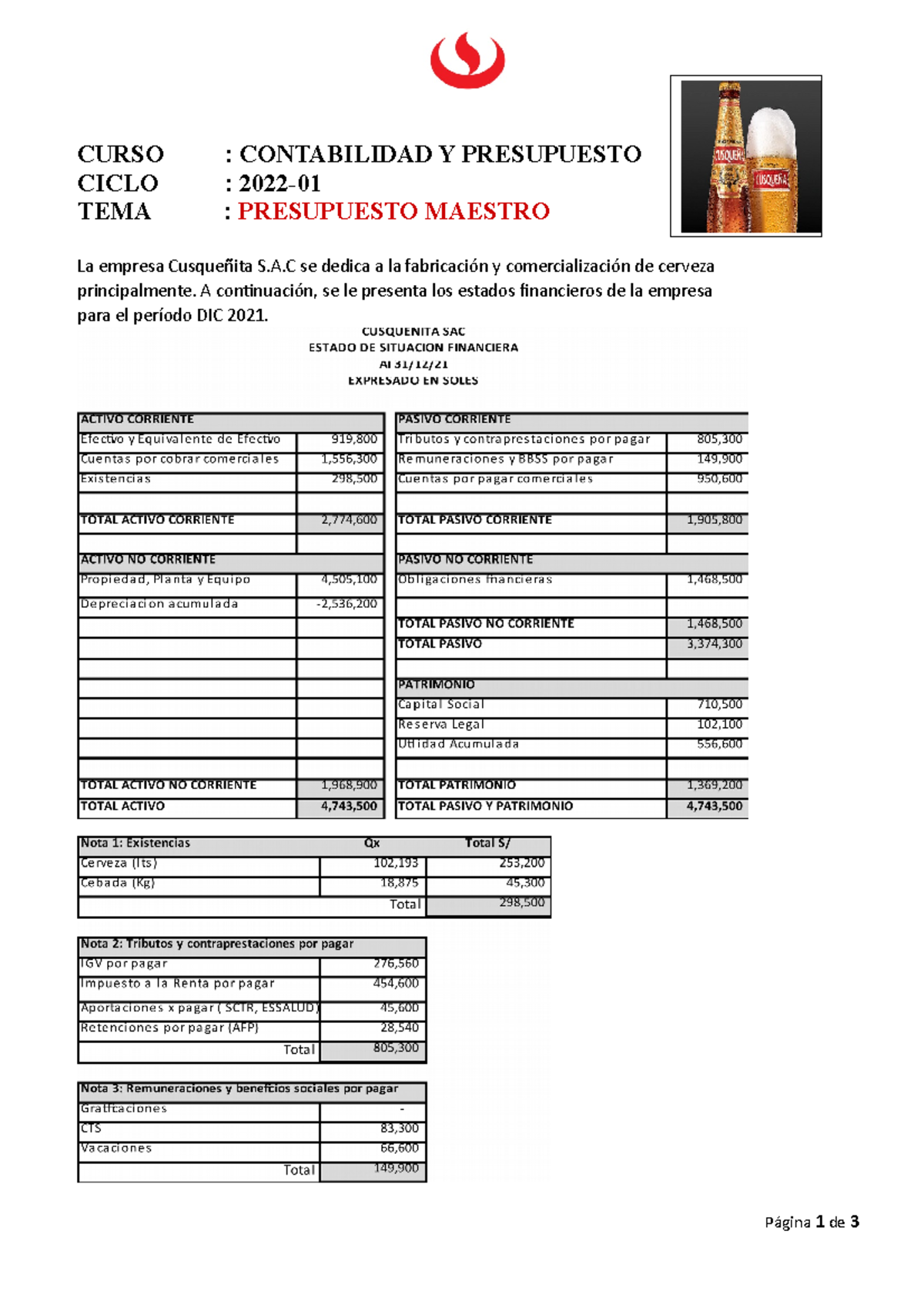 PM - Cusqueñita - CURSO : CONTABILIDAD Y PRESUPUESTO CICLO : 2022- TEMA : PRESUPUESTO MAESTRO La ...