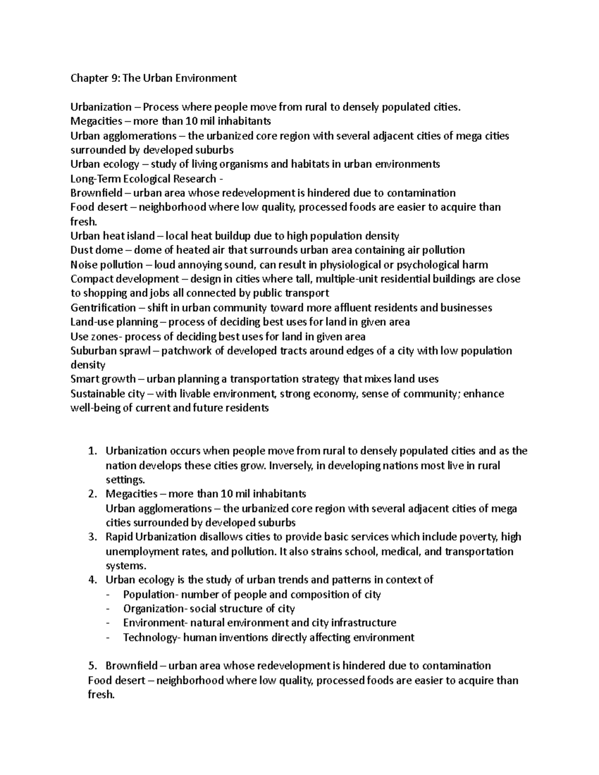 Chapter 9 EVR - Notes from textbook - Chapter 9: The Urban Environment ...