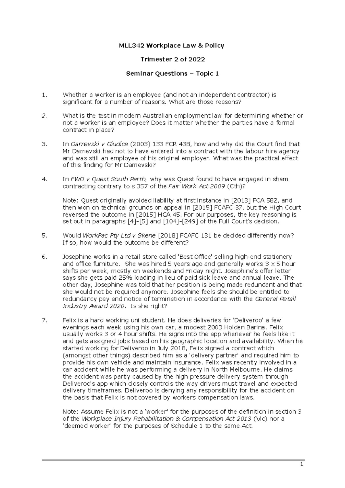Seminar Questions - Topic 1 - MLL342 Workplace Law & Policy Trimester 2 ...