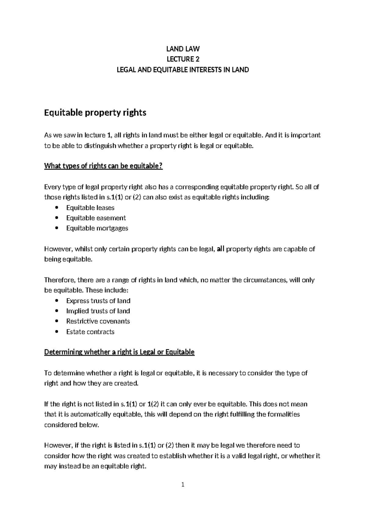 Lecture 2 - Outline - Legal and Equitable Interests in Land - LAND LAW ...