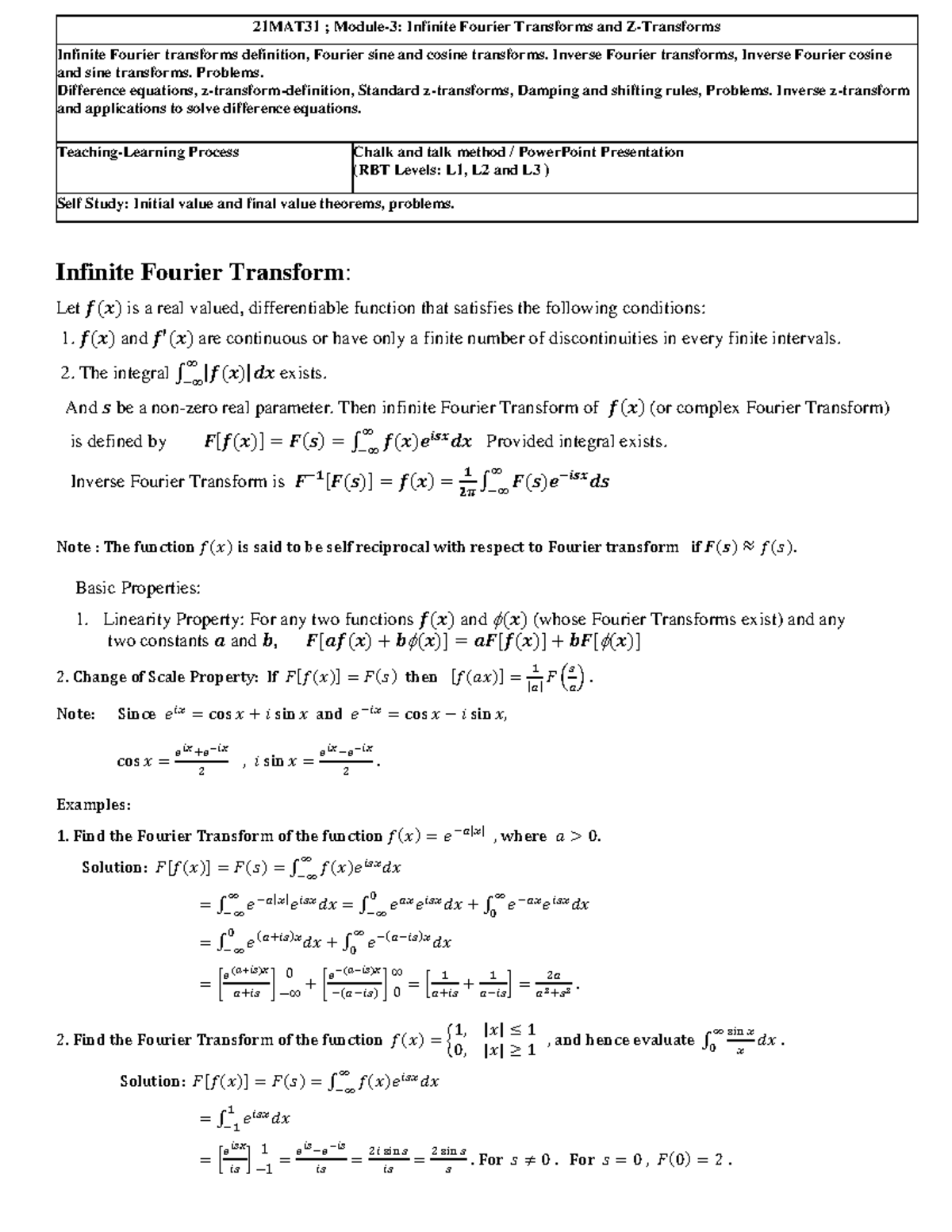 Module-3 M3 - Module 1 - Infinite Fourier Transform: Let 𝒇(𝒙) is a real ...
