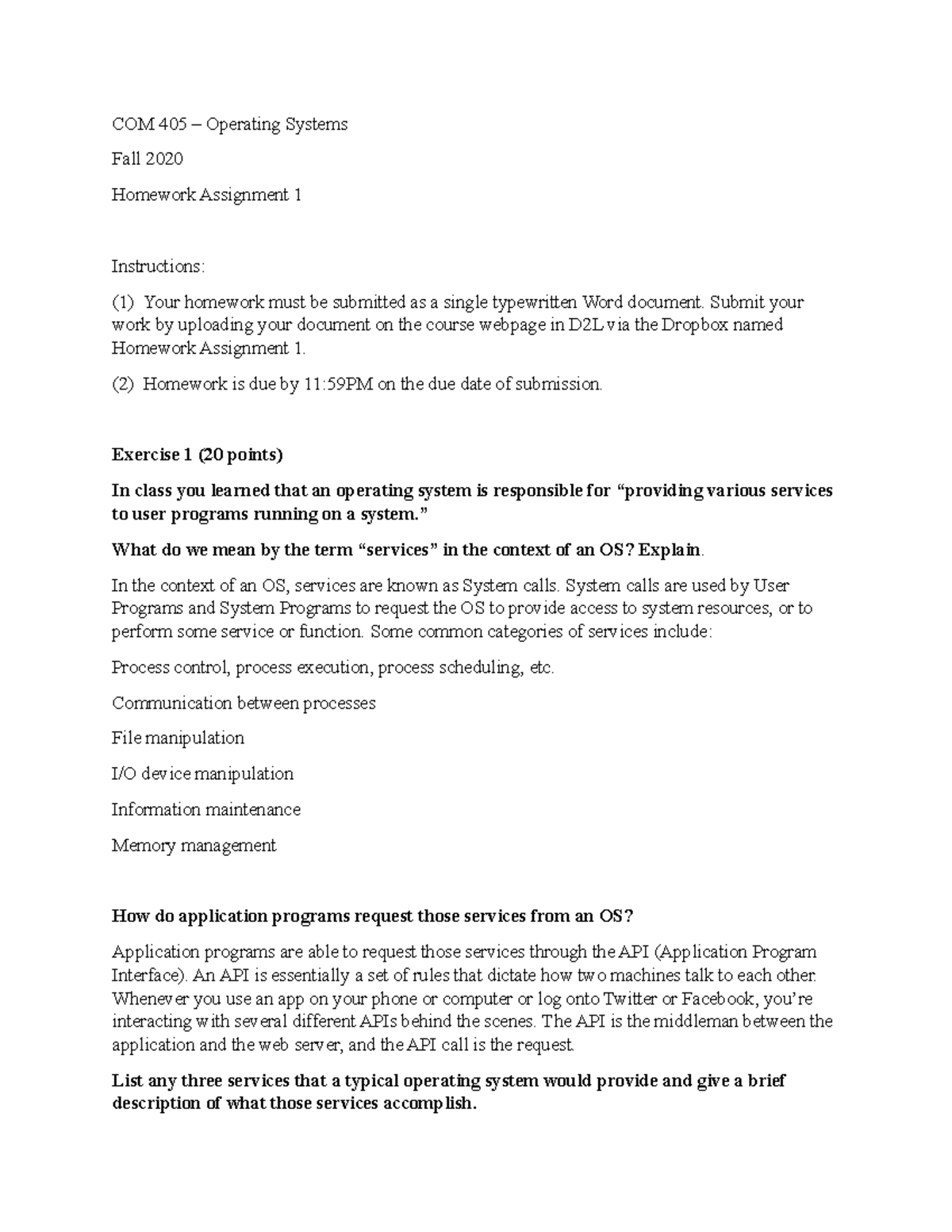 Homework 1 Com 405 Com 405 Operating Systems Fall 2020 Homework Assignment 1 Instructions