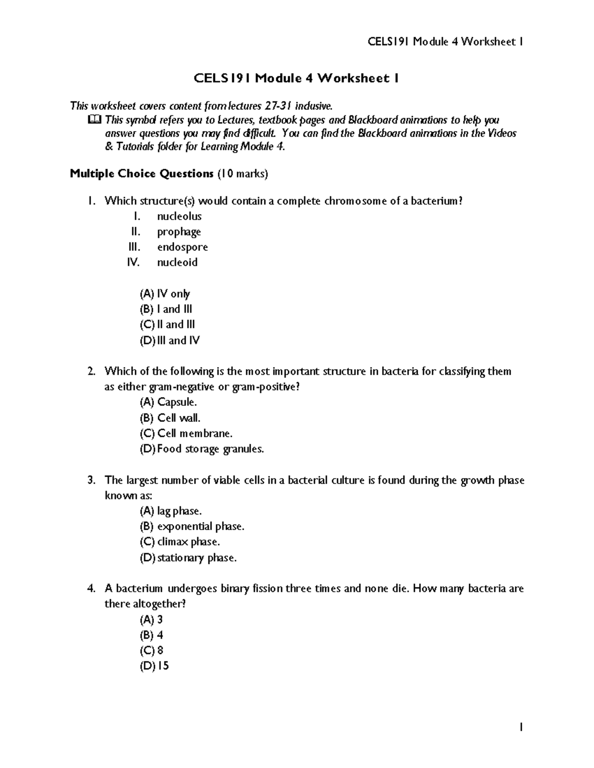 CELS191 Module 4Worksheet 1 Questions - CELS191 Module 4 Worksheet 1 This worksheet covers ...