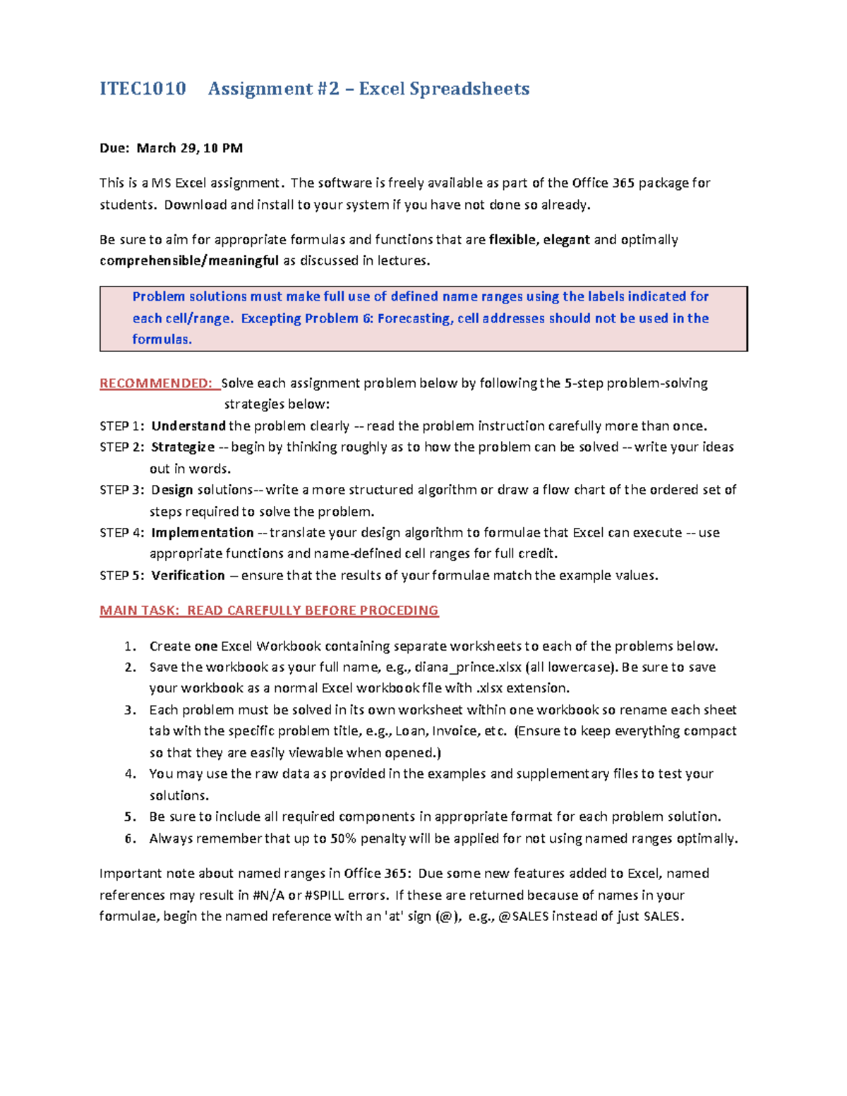 W22-a2P - PPT - ITEC1010 Assignment #2 – Excel Spreadsheets Due: March ...
