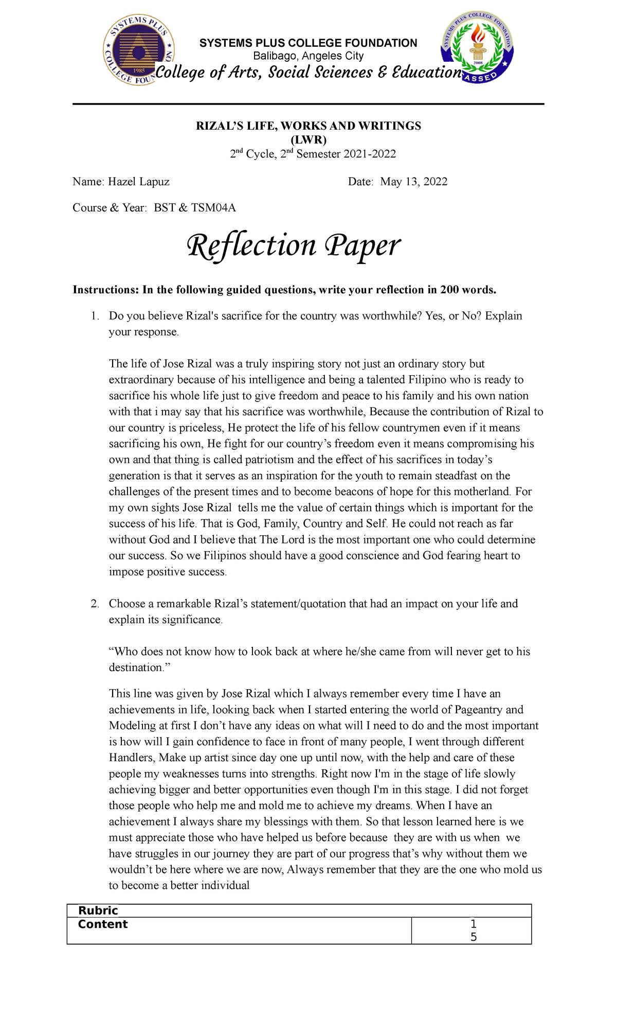 Reflection Paper(DONE) - SYSTEMS PLUS COLLEGE FOUNDATION Balibago ...