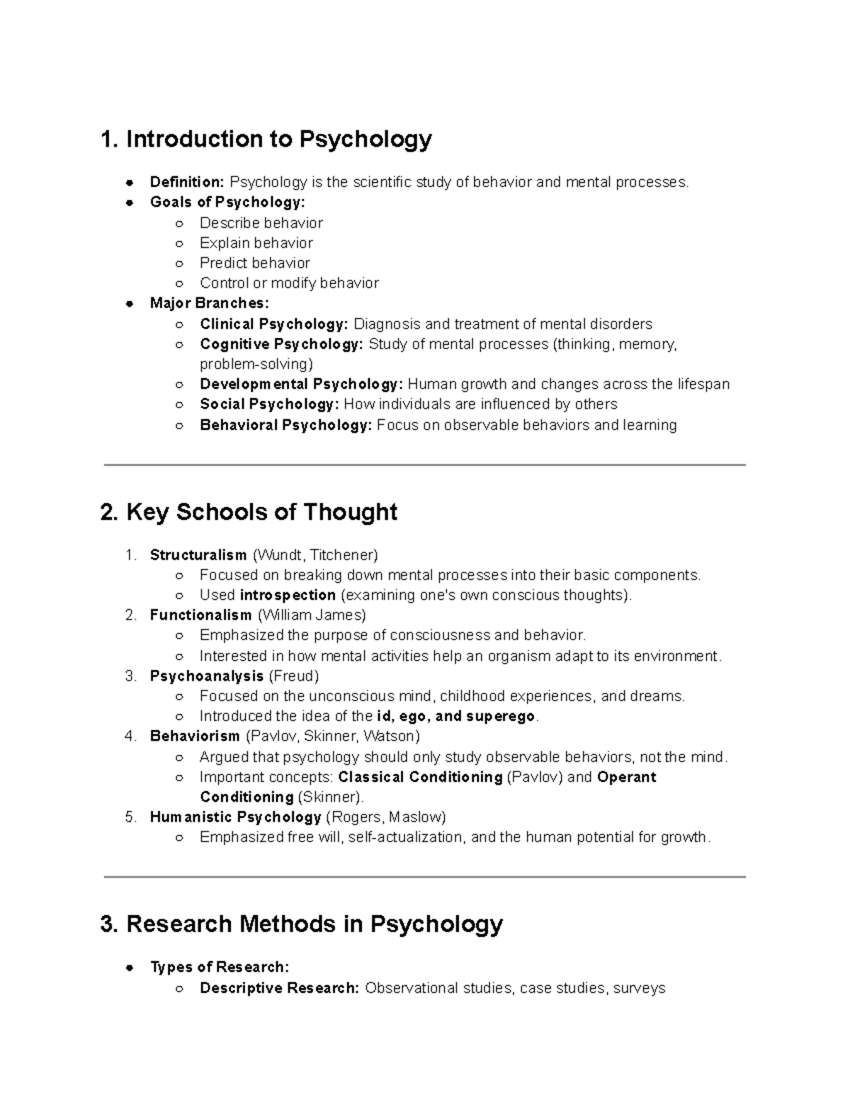 Psych notes - 1. Introduction to Psychology Definition: Psychology is ...