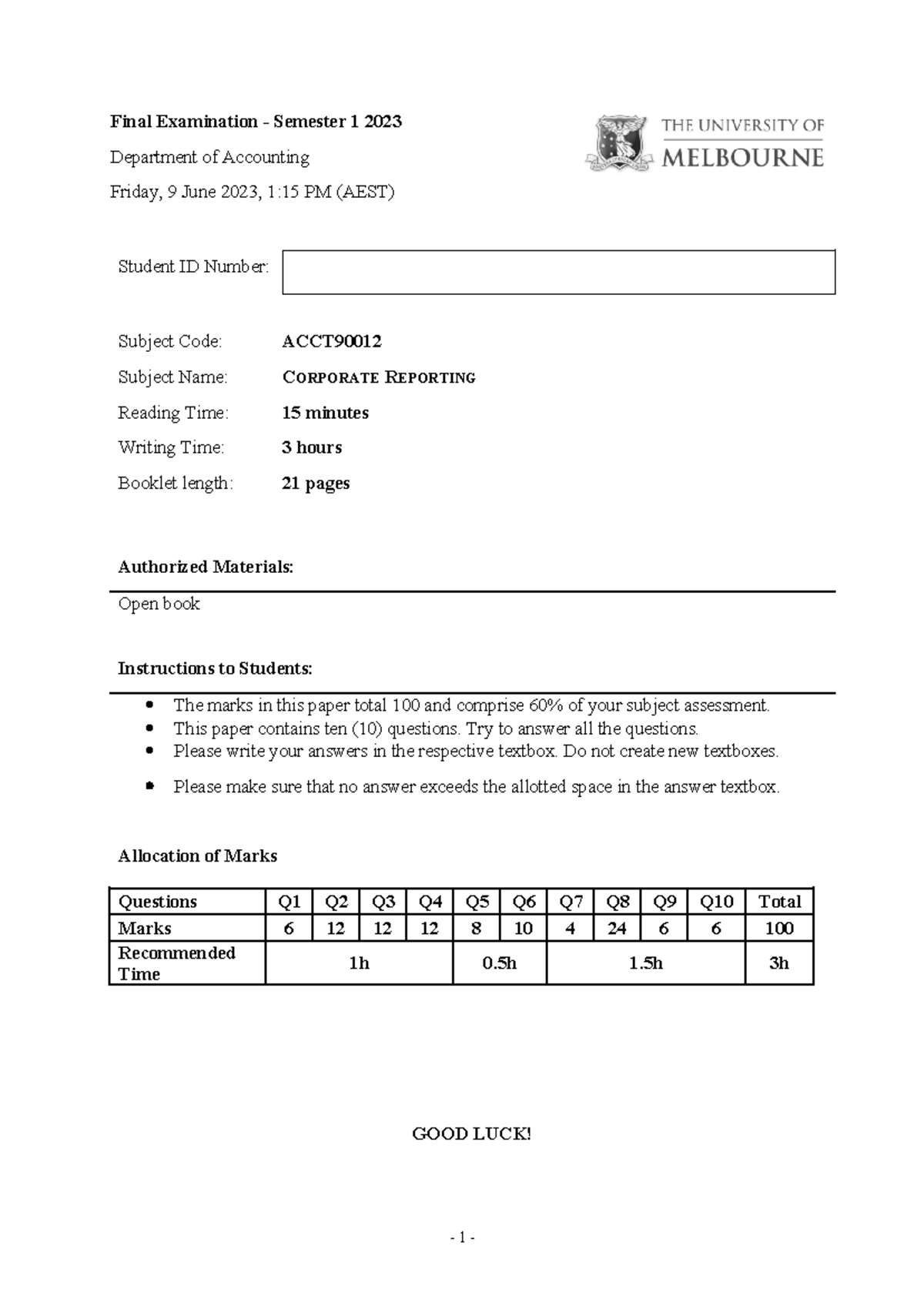 ACCT90012 SM1 2023 End-of-Semester Exam (with solutions) - Final Examination - Semester 1 2023 ...