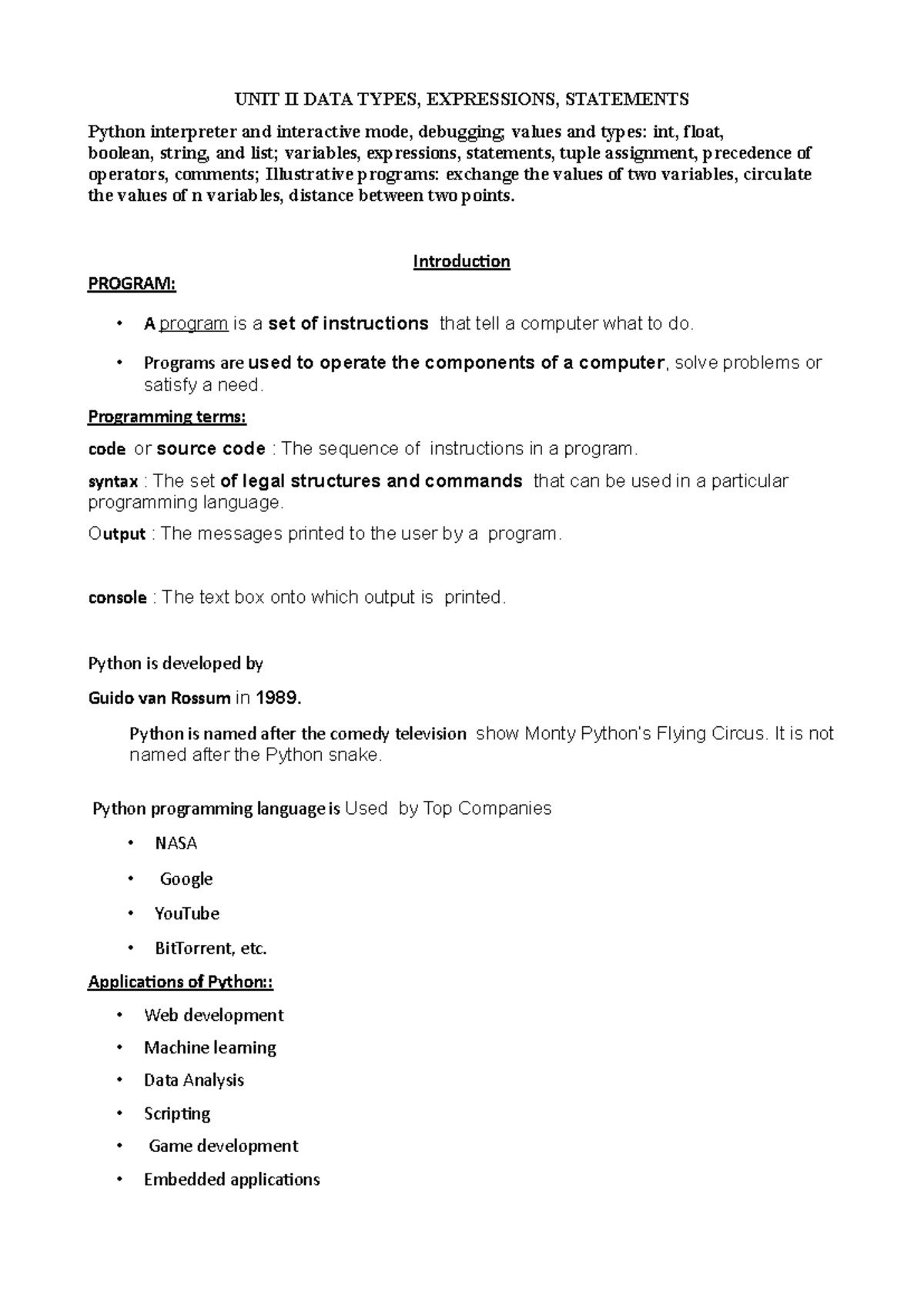 Python Variables Data Type Operators Unit Ii Data Types Expressions 1193