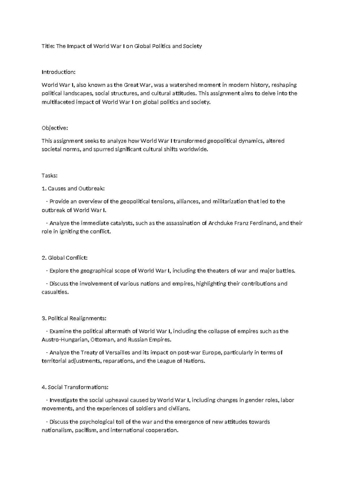 Assignment 3 - history - Title: The Impact of World War I on Global ...