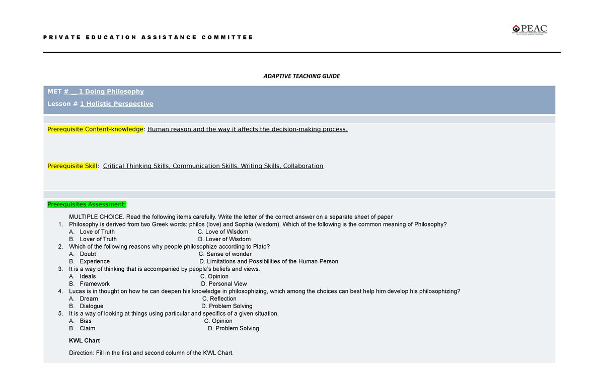 Final- Adaptive Teaching Guide Philosophy - ADAPTIVE TEACHING GUIDE MET # __ 1 Doing Philosophy ...