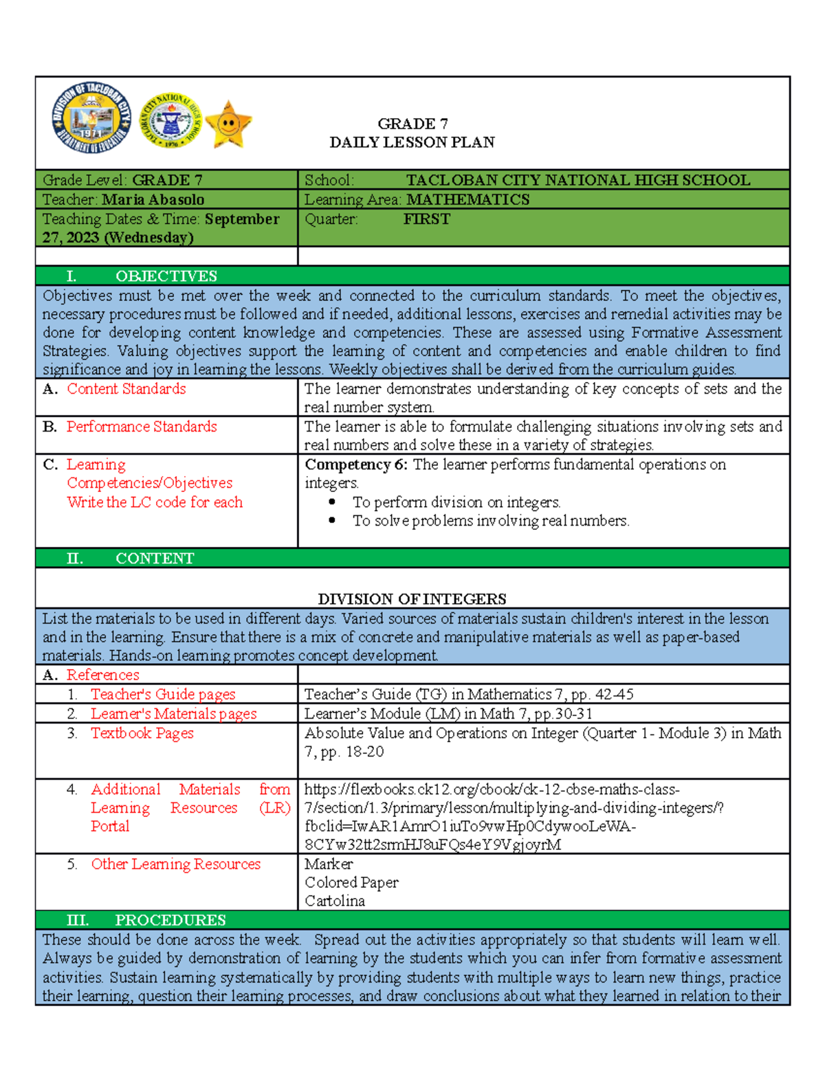 DLP Division-of-Integers - GRADE 7 DAILY LESSON PLAN Grade Level: GRADE ...