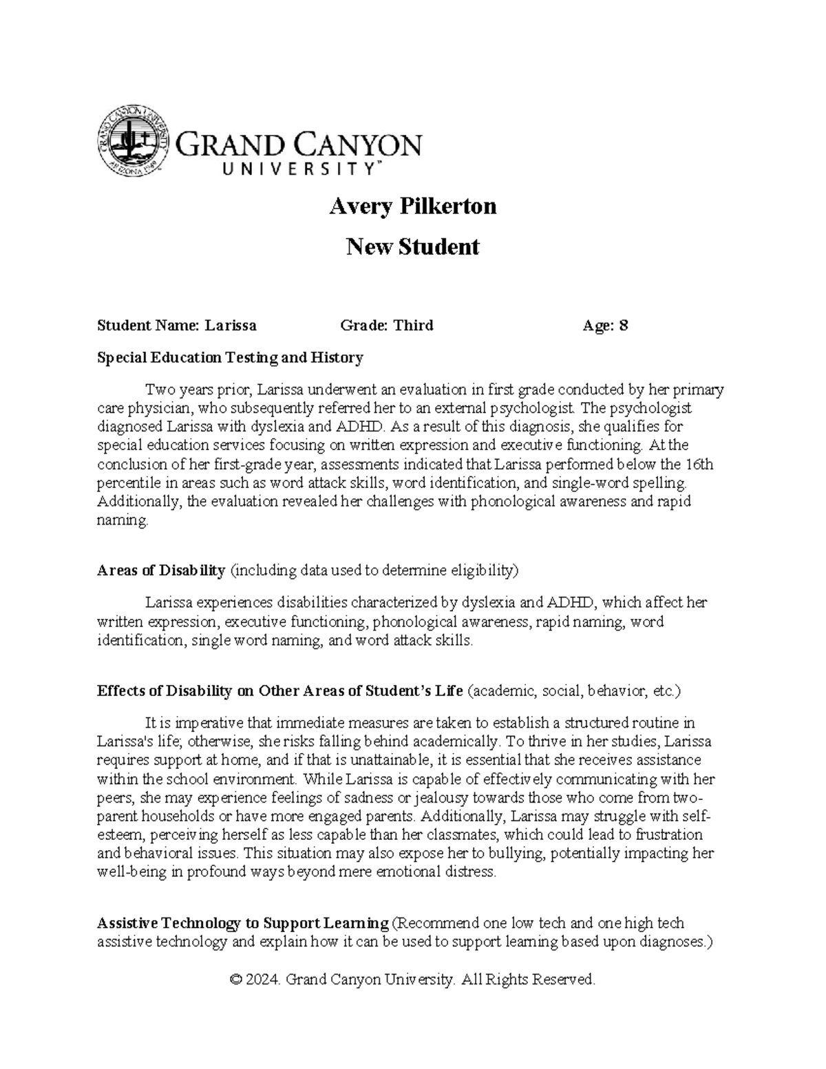 SPD-208 RS T6 New Student - Avery Pilkerton New Student Student Name ...