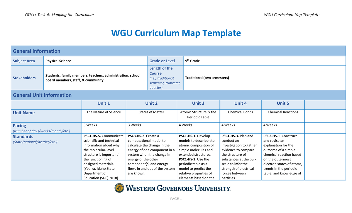 TASK 4 - Mapping The Curriculum - WGU Curriculum Map Template General ...