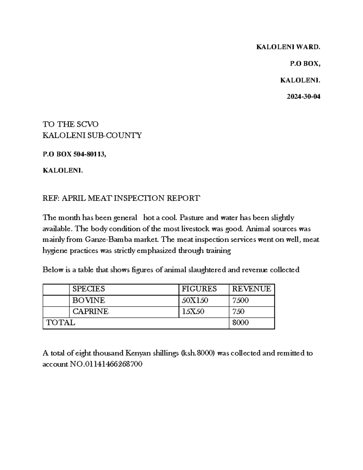 Kaloleni WARD Revenue Report - KALOLENI WARD. P BOX, KALOLENI. 2024 ...