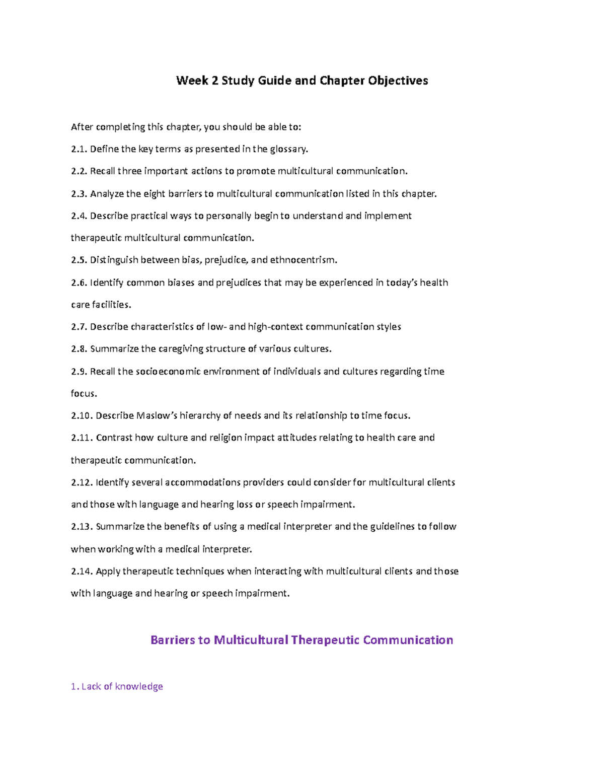 Week 2 Study Guide - multicultural communication - Week 2 Study Guide and Chapter Objectives ...