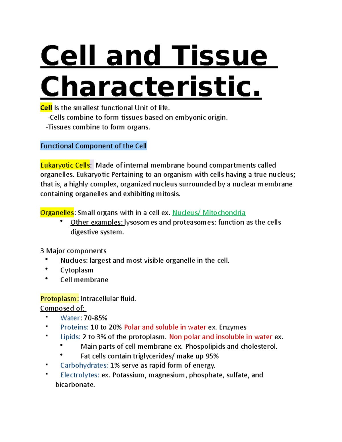 NUR 3129 Study Guide Cell and Tissue Characteristic - Cell and Tissue ...