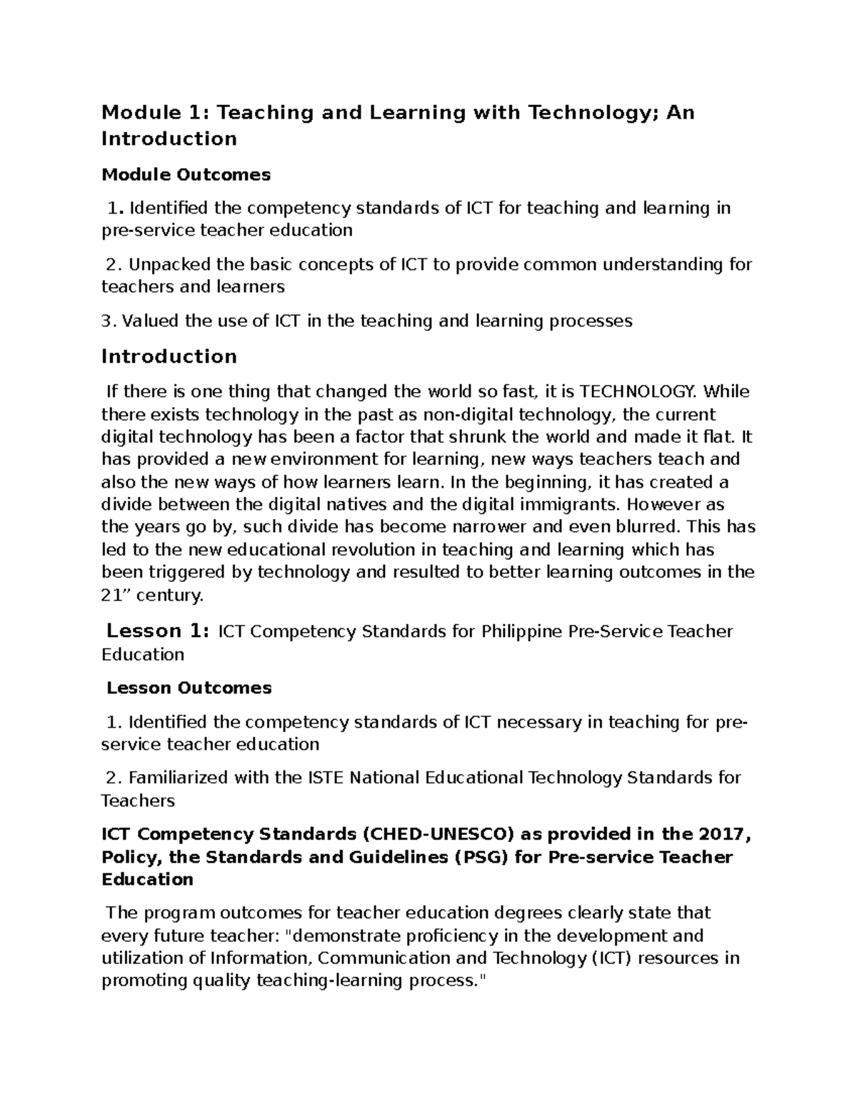 PED 105 TTL - TTL MODULE - Module 1: Teaching and Learning with Technology; An Introduction ...