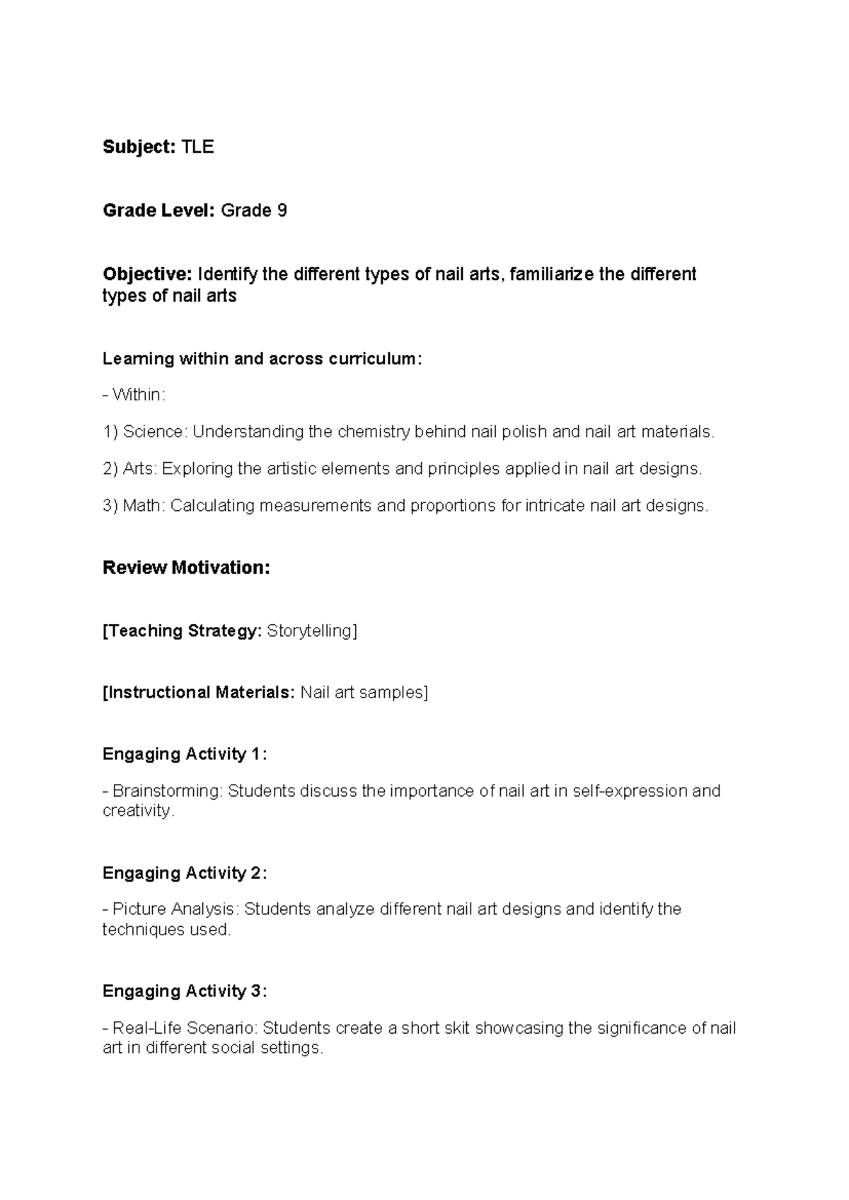 Lesson plan - Subject: TLE Grade Level: Grade 9 Objective: Identify the ...
