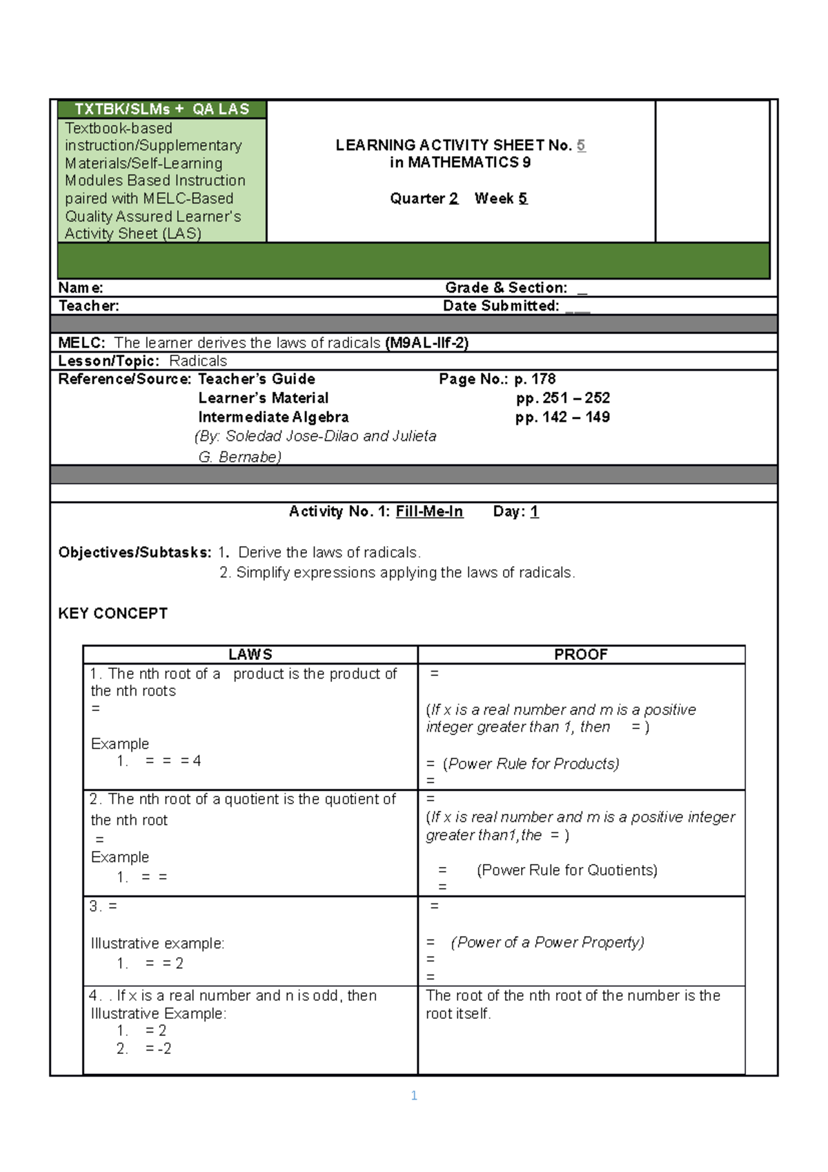 5 LAS M9 MELC 7 8 WEEK 5 - TXTBK/SLMs + QA LAS LEARNING ACTIVITY SHEET ...