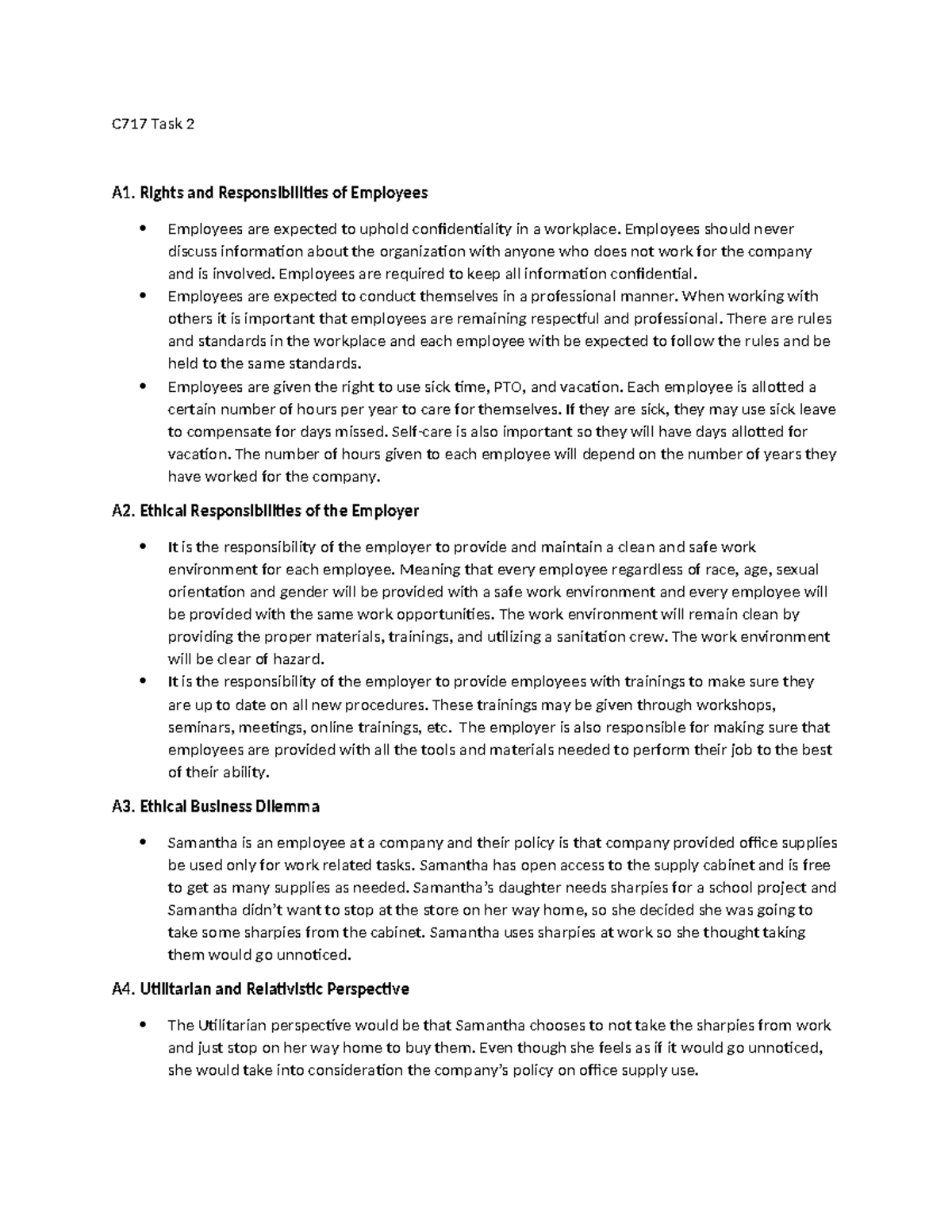 C717 Task 2 - C717 Task 2 A1. Rights and Responsibilities of Employees ...