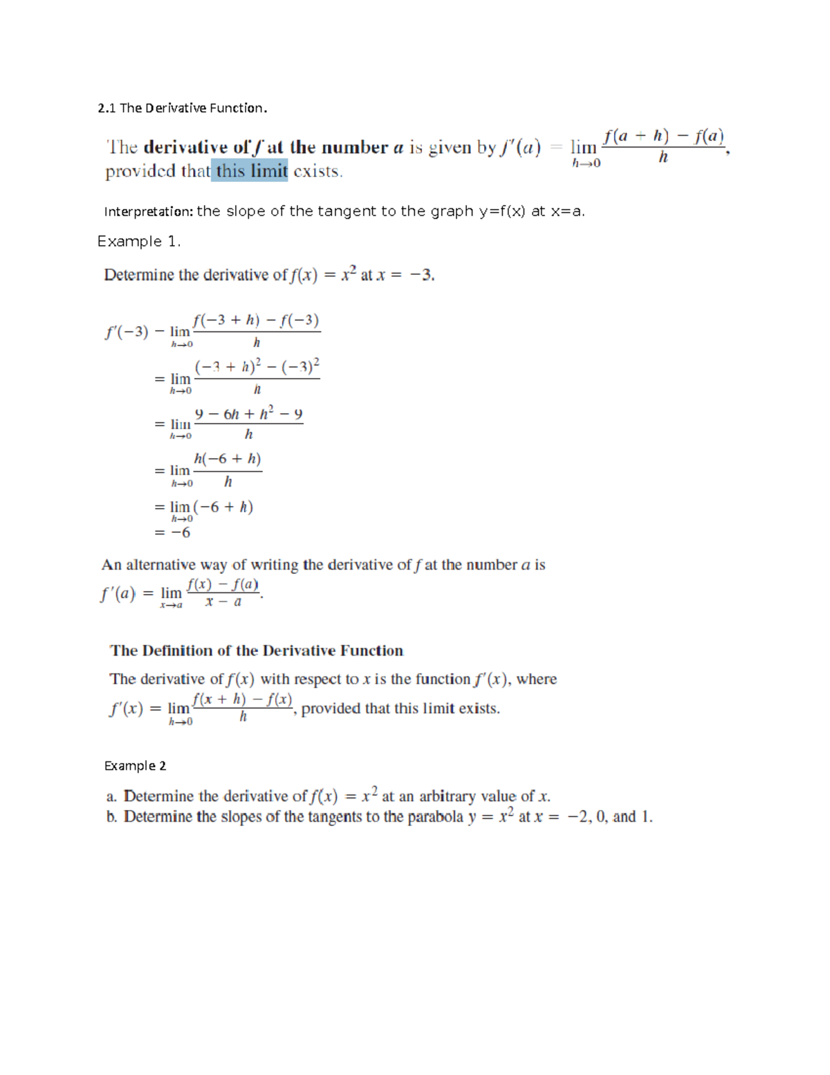 2.1 Lesson limits - 2 The Derivative Function. Interpretation: the ...