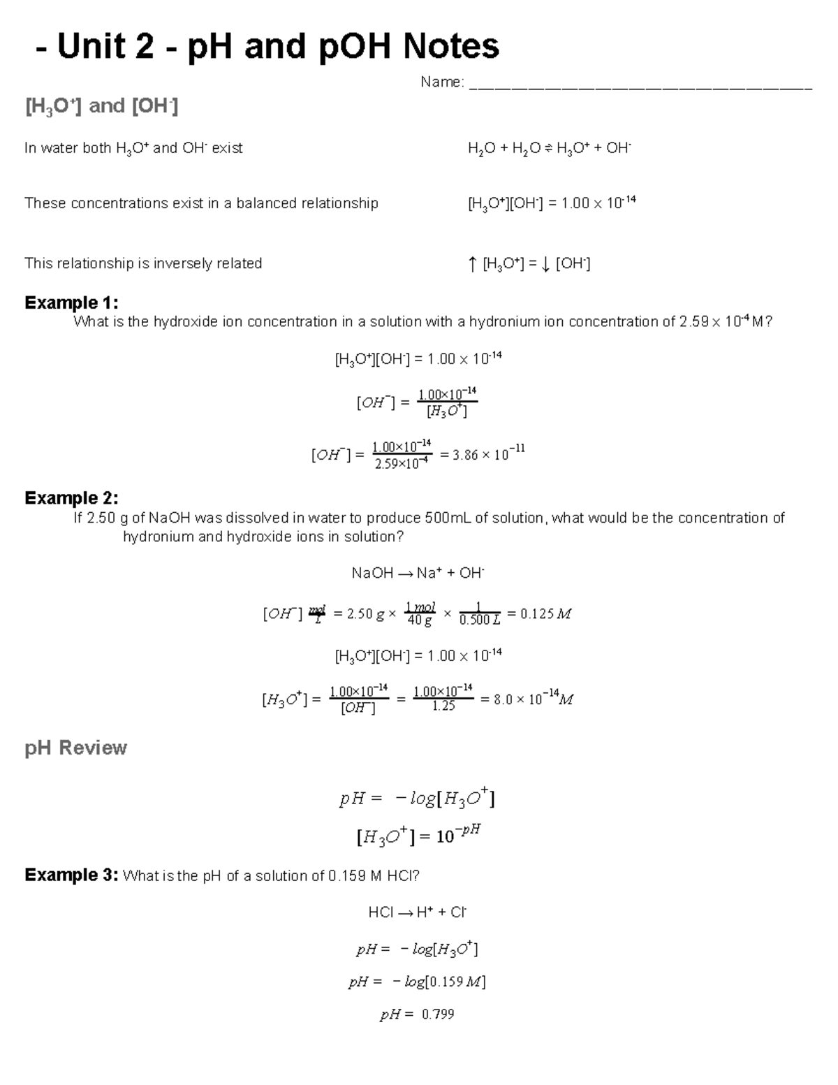 P OH Calculations - Practice problem + Review - Unit 2 - pH and pOH ...