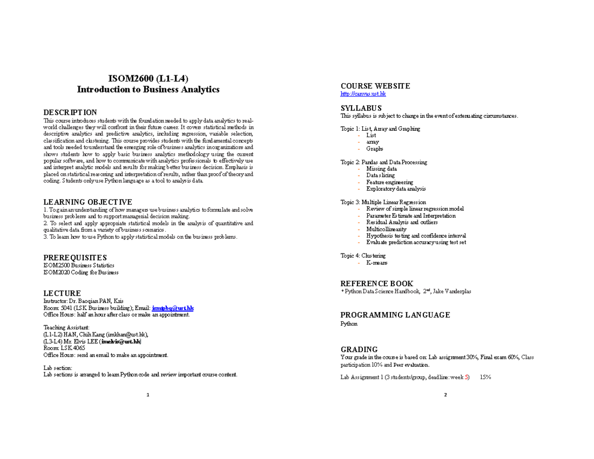 Microsoft Word - Course Outline 2024 - 1 ISOM2600 (L1-L4) Introduction ...