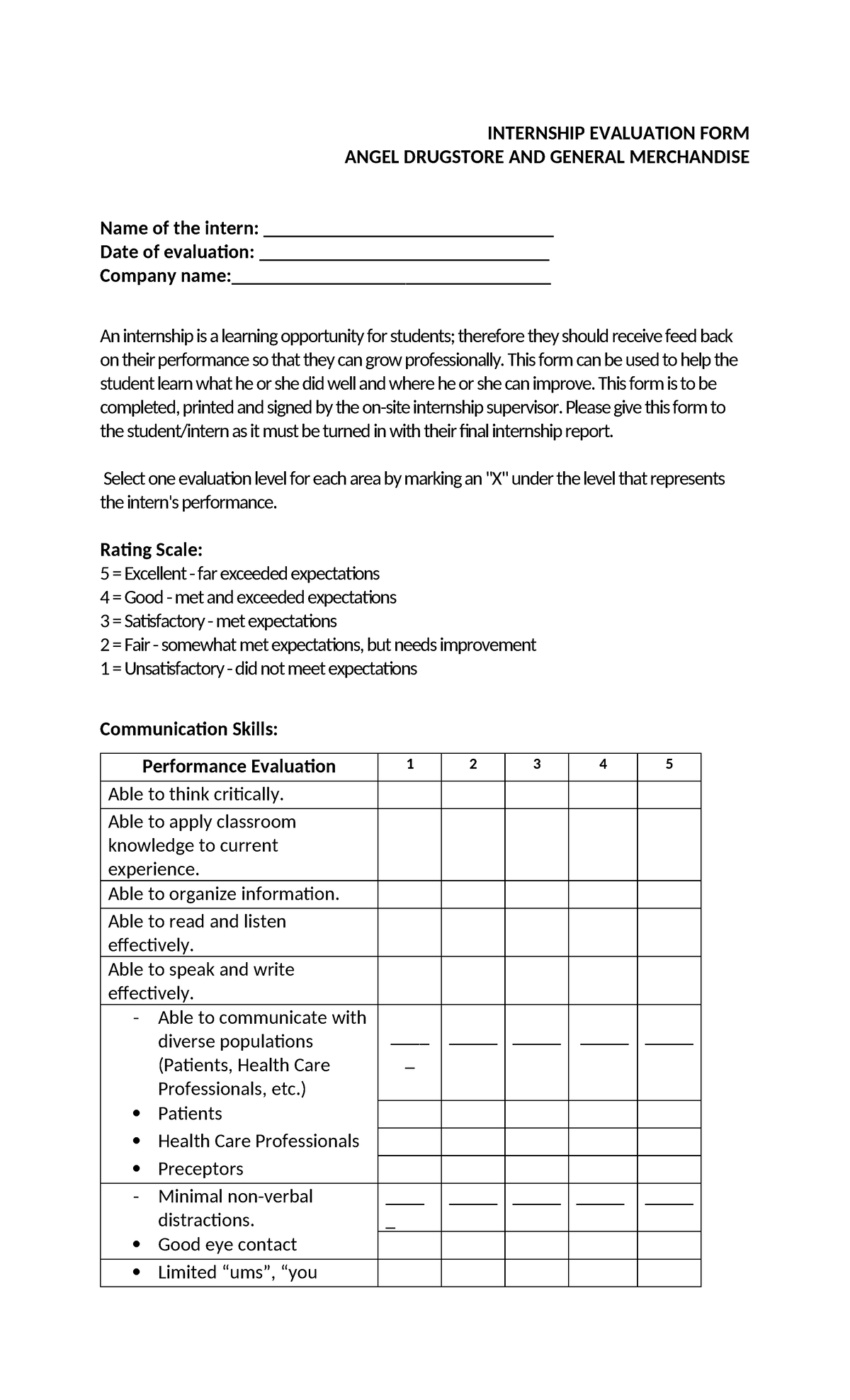 Internship Evaluation FORM 2024 - INTERNSHIP EVALUATION FORM ANGEL ...
