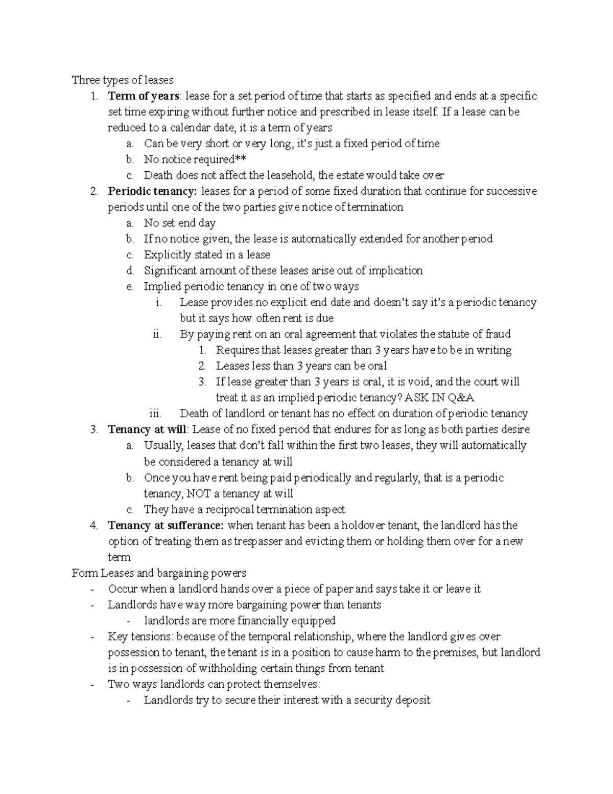 Chapter 4 Midterm Outline - Three types of leases 1. Term of years ...