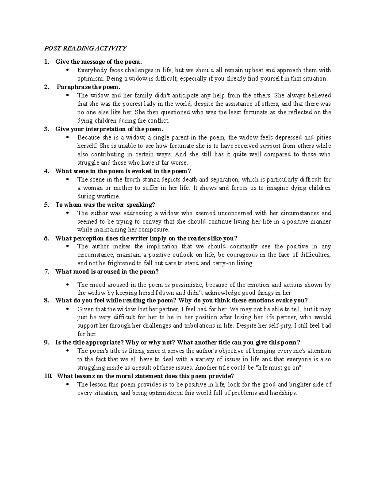 Asean POST Reading Activity - POST READING ACTIVITY 1. Give the message of the poem. Everybody ...