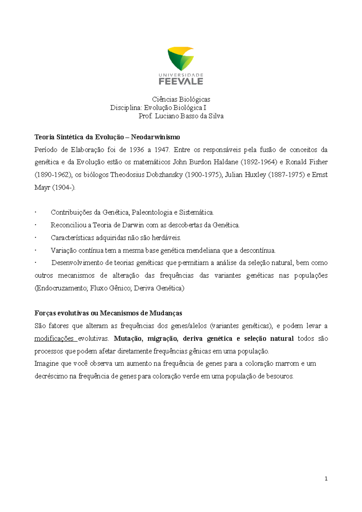Apostila 3 Evolução I 2019 Ciências Biológicas Disciplina Evolução