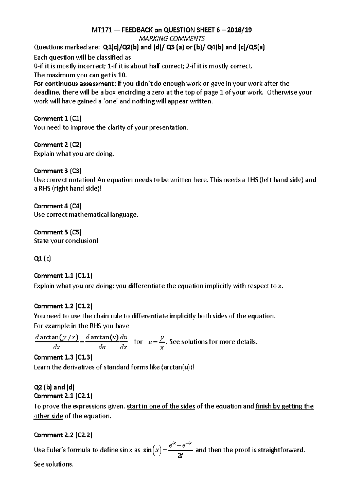 MT1710 Sheet 6 Feedback - Warning: TT: undefined function: 32 MT171 ...