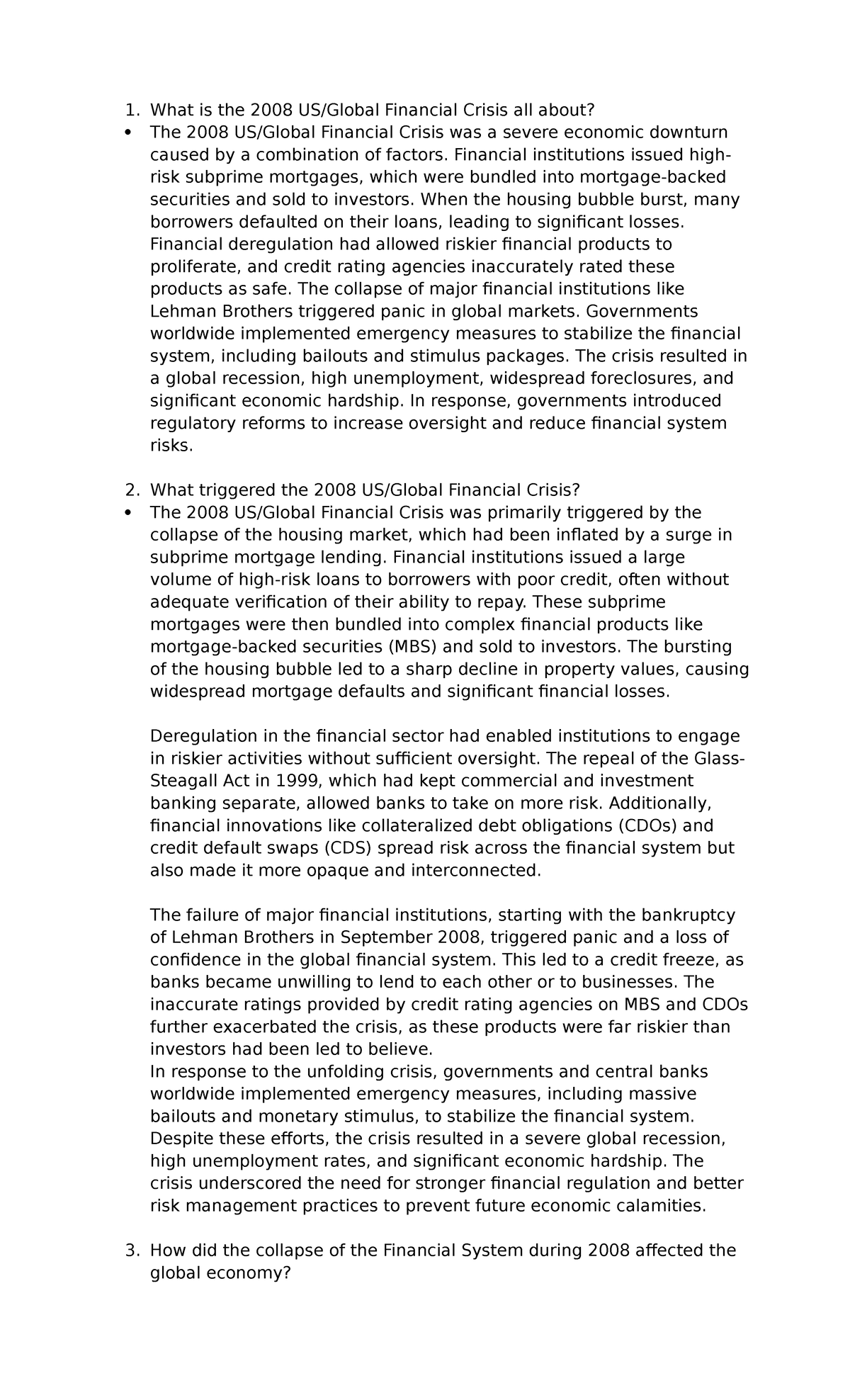 Financial Crisis Activity 1 - What is the 2008 US/Global Financial ...