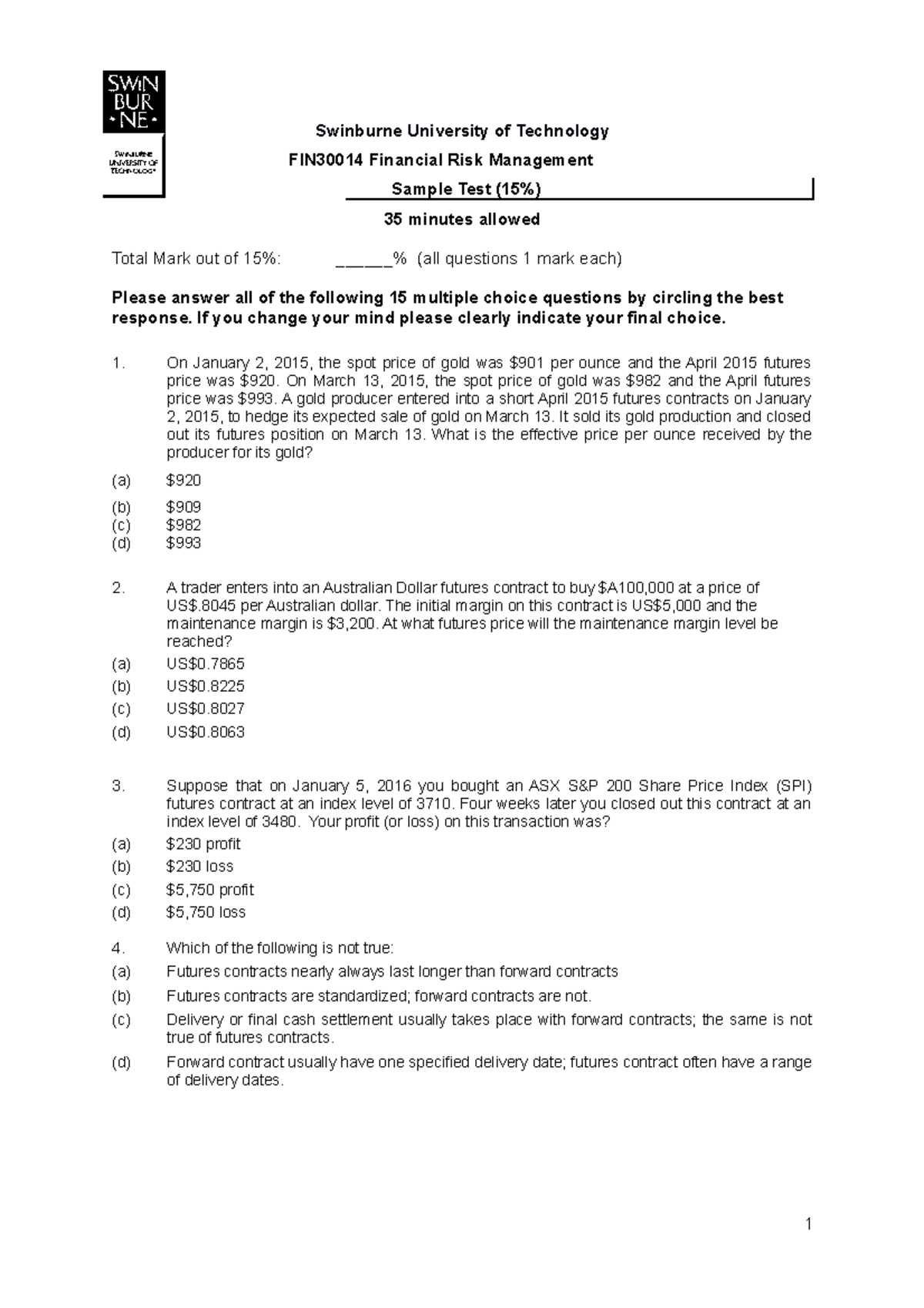 Sample test FIN30014 - Swinburne University of Technology FIN30014 ...