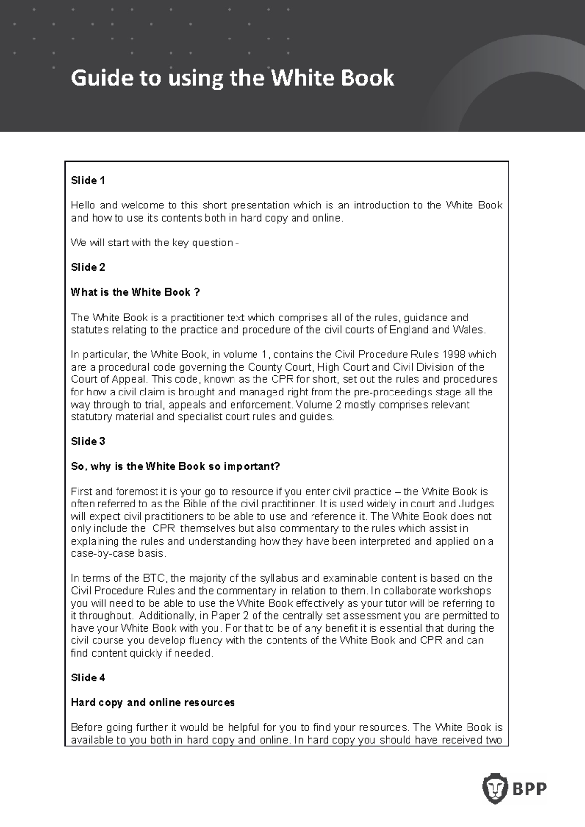 BTC1 Civil WS1 Prepare White Book Guide script - Slide 1 Hello and ...