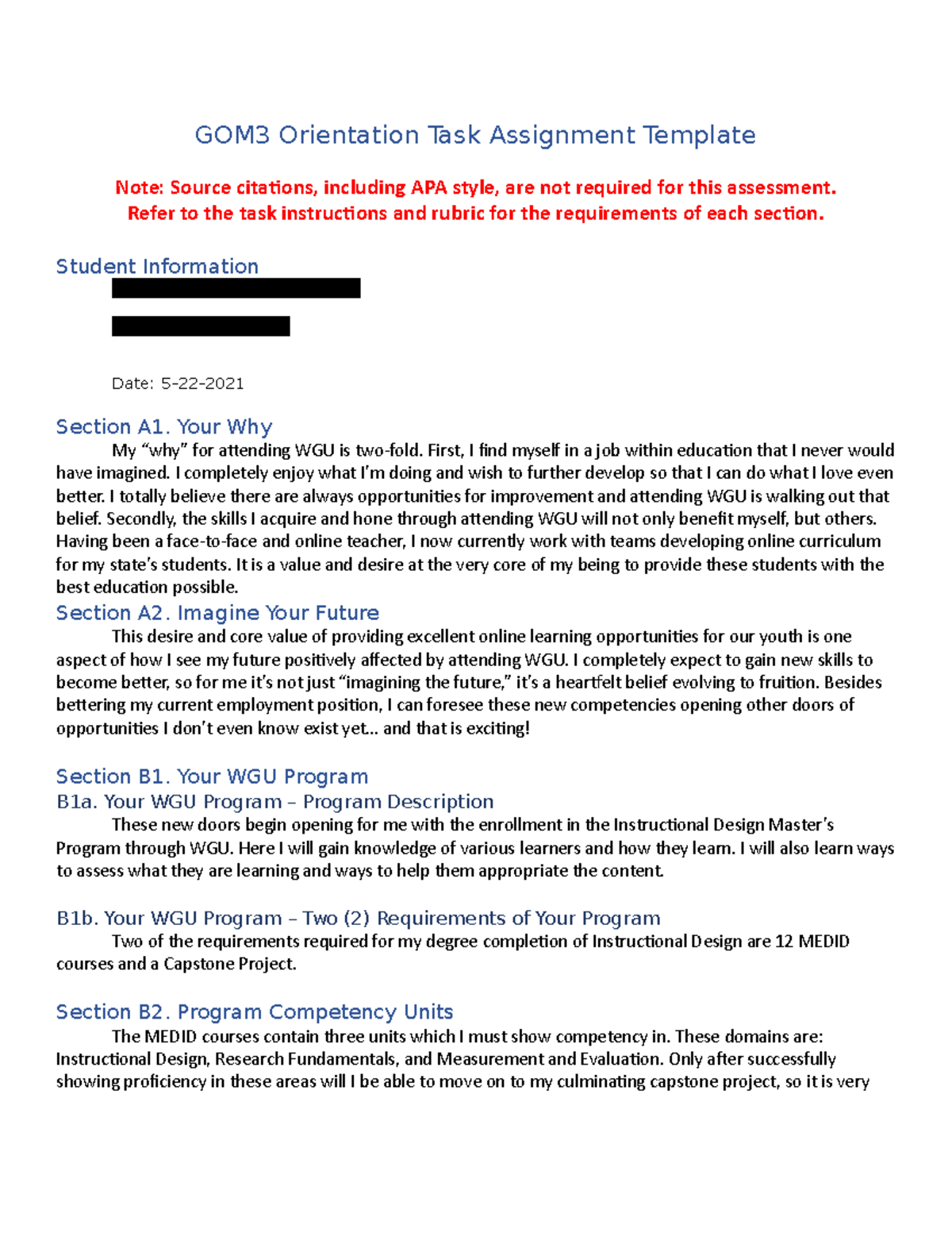 Orientation Task and Study Plan - GOM3 Orientation Task Assignment Template Note: Source ...